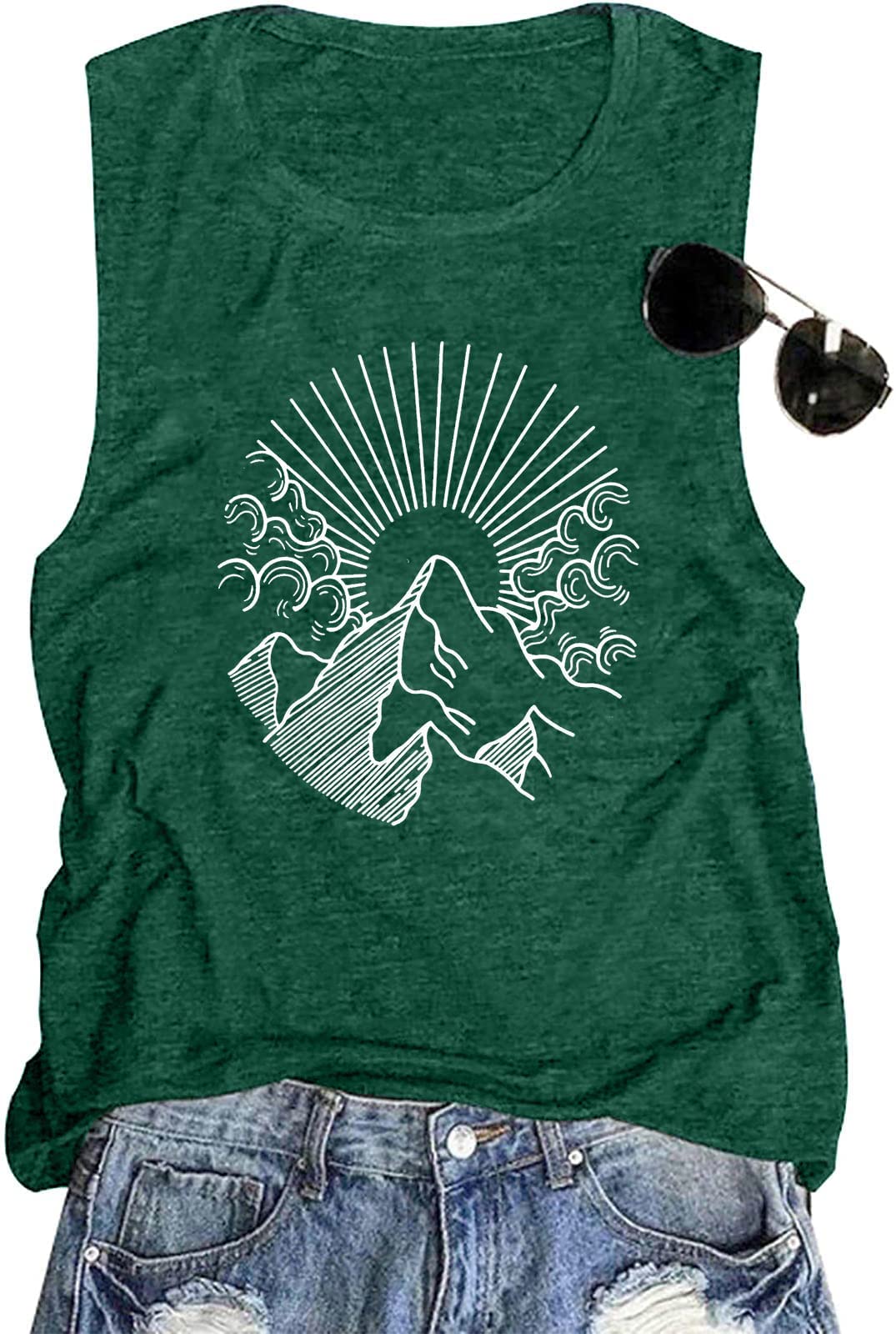 Mountain Sunrise Tank Tops Women Hiking Mountain Sleeveless T Shirt Tees Camping Vest Muscle Shirt Green