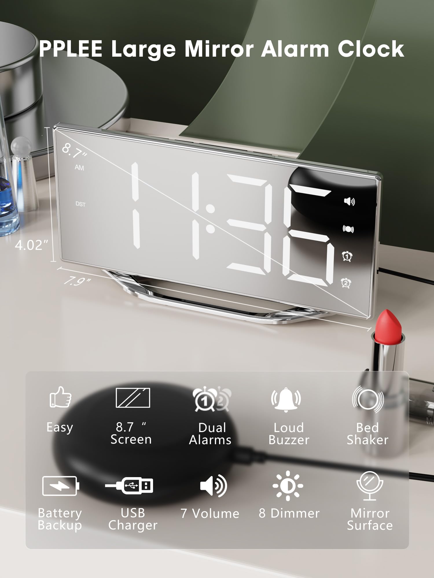 Extra Loud Vibrating Alarm Clock with Bed Shaker for Deep Sleepers Adult Hearing impaired Deaf, Dual Alarms Digital Clock for Bedroom,8.7'' Large Mirror LED Display,USB Charger,Battery Backup,Dimmable