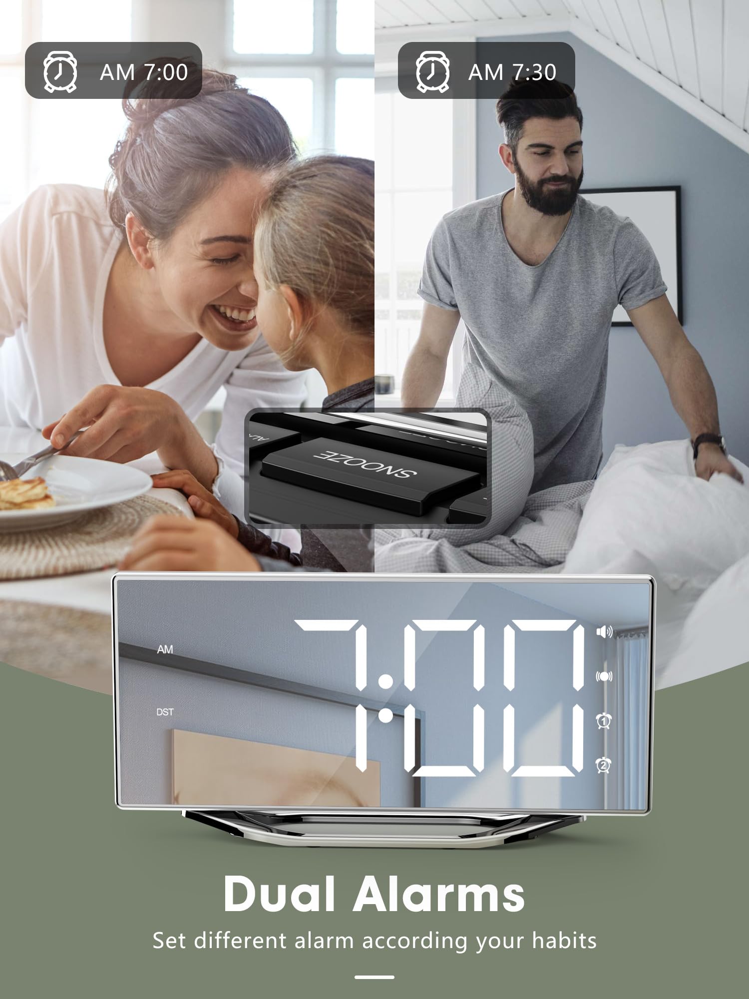 Extra Loud Vibrating Alarm Clock with Bed Shaker for Deep Sleepers Adult Hearing impaired Deaf, Dual Alarms Digital Clock for Bedroom,8.7'' Large Mirror LED Display,USB Charger,Battery Backup,Dimmable