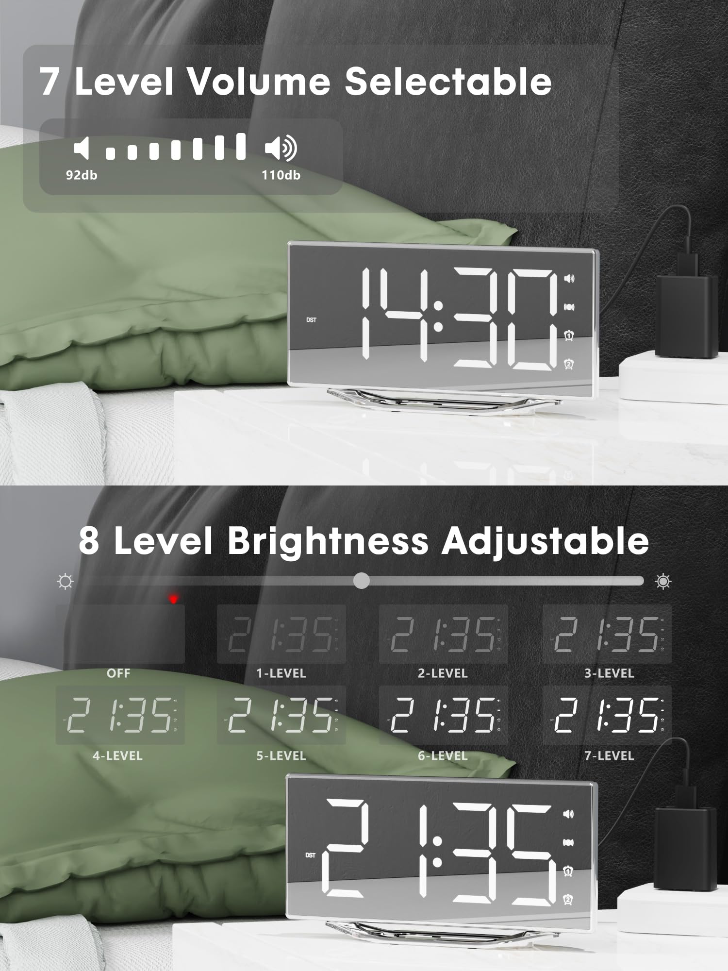 Extra Loud Vibrating Alarm Clock with Bed Shaker for Deep Sleepers Adult Hearing impaired Deaf, Dual Alarms Digital Clock for Bedroom,8.7'' Large Mirror LED Display,USB Charger,Battery Backup,Dimmable