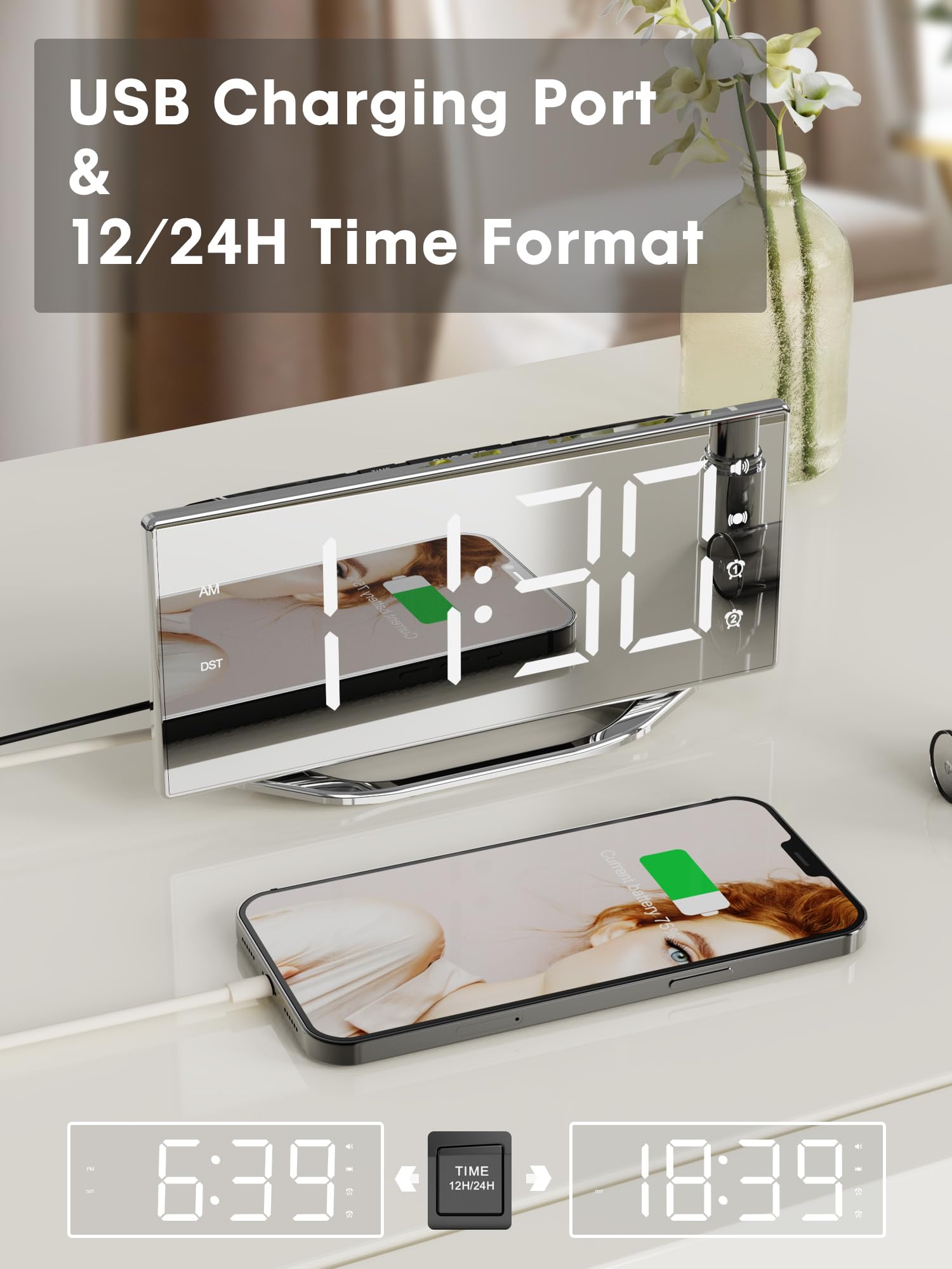 Extra Loud Vibrating Alarm Clock with Bed Shaker for Deep Sleepers Adult Hearing impaired Deaf, Dual Alarms Digital Clock for Bedroom,8.7'' Large Mirror LED Display,USB Charger,Battery Backup,Dimmable