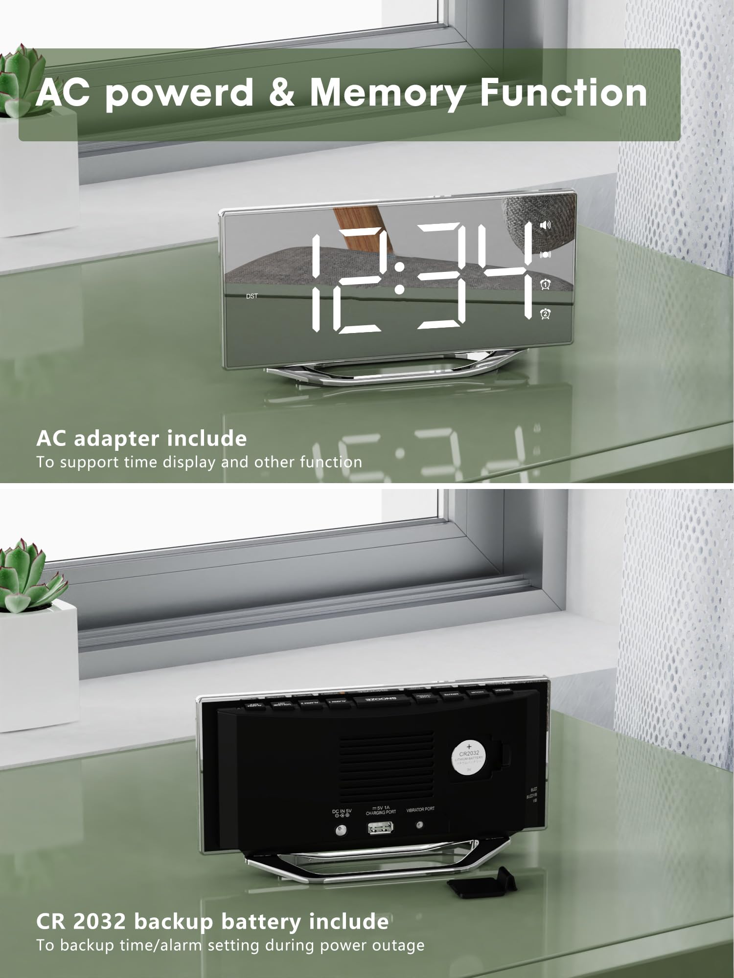 Extra Loud Vibrating Alarm Clock with Bed Shaker for Deep Sleepers Adult Hearing impaired Deaf, Dual Alarms Digital Clock for Bedroom,8.7'' Large Mirror LED Display,USB Charger,Battery Backup,Dimmable
