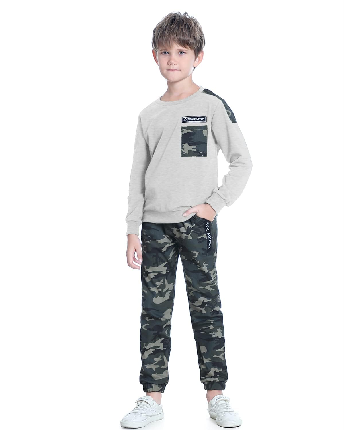 LOLANTA Boys Clothes Casual Camouflage 2 Piece Outfits Kids Long Sleeve Sweatshirt Pants Sets Tracksuit(01#Grey,6-7)