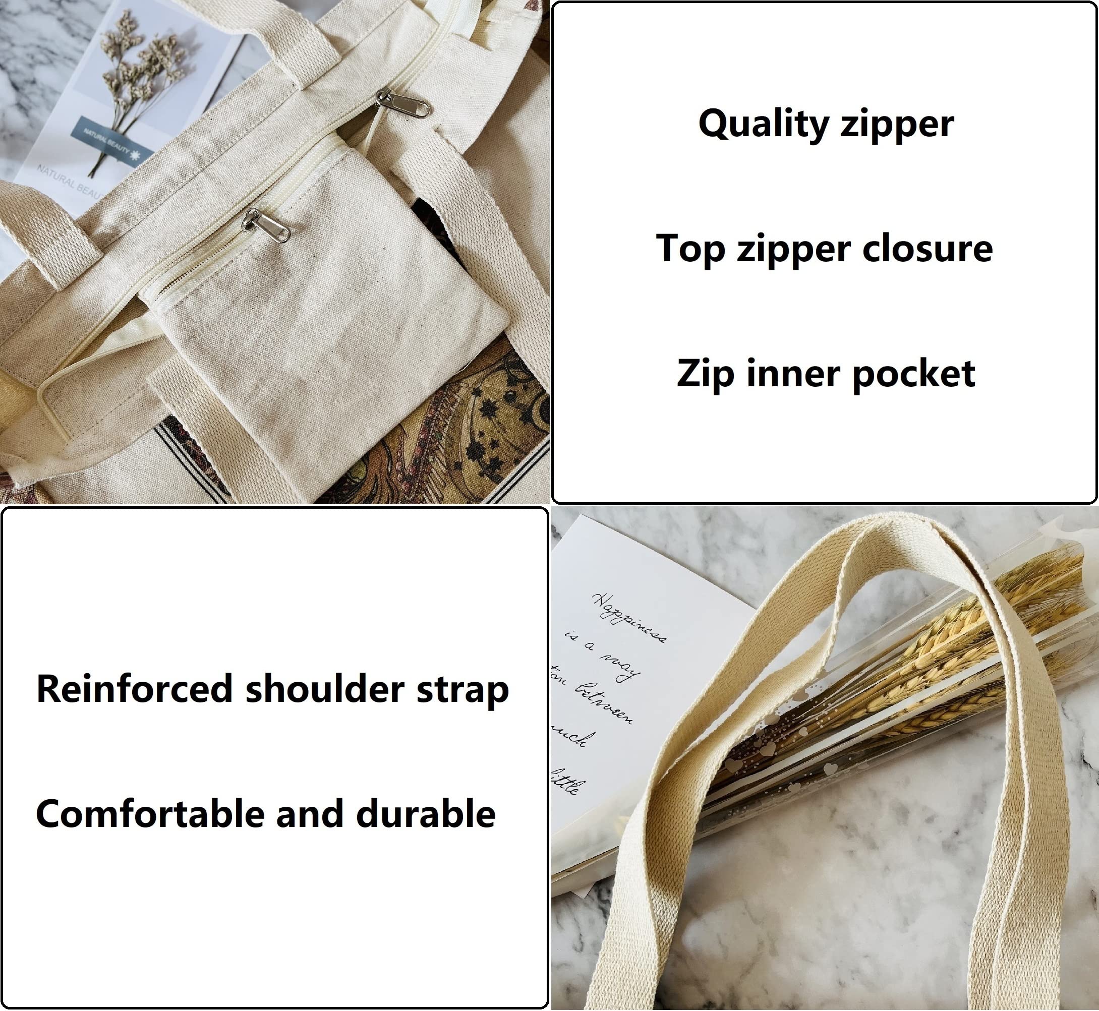 HaoHakka Tote Bag Aesthetic, Canvas Graphic Trendy Cute Tote Bags with Zipper Pockets (Alphonse Mucha) Beige