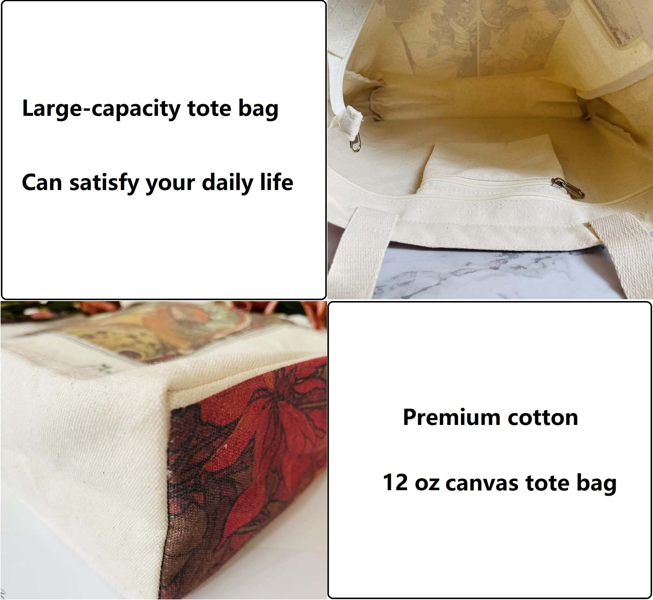 HaoHakka Tote Bag Aesthetic, Canvas Graphic Trendy Cute Tote Bags with Zipper Pockets (Alphonse Mucha) Beige