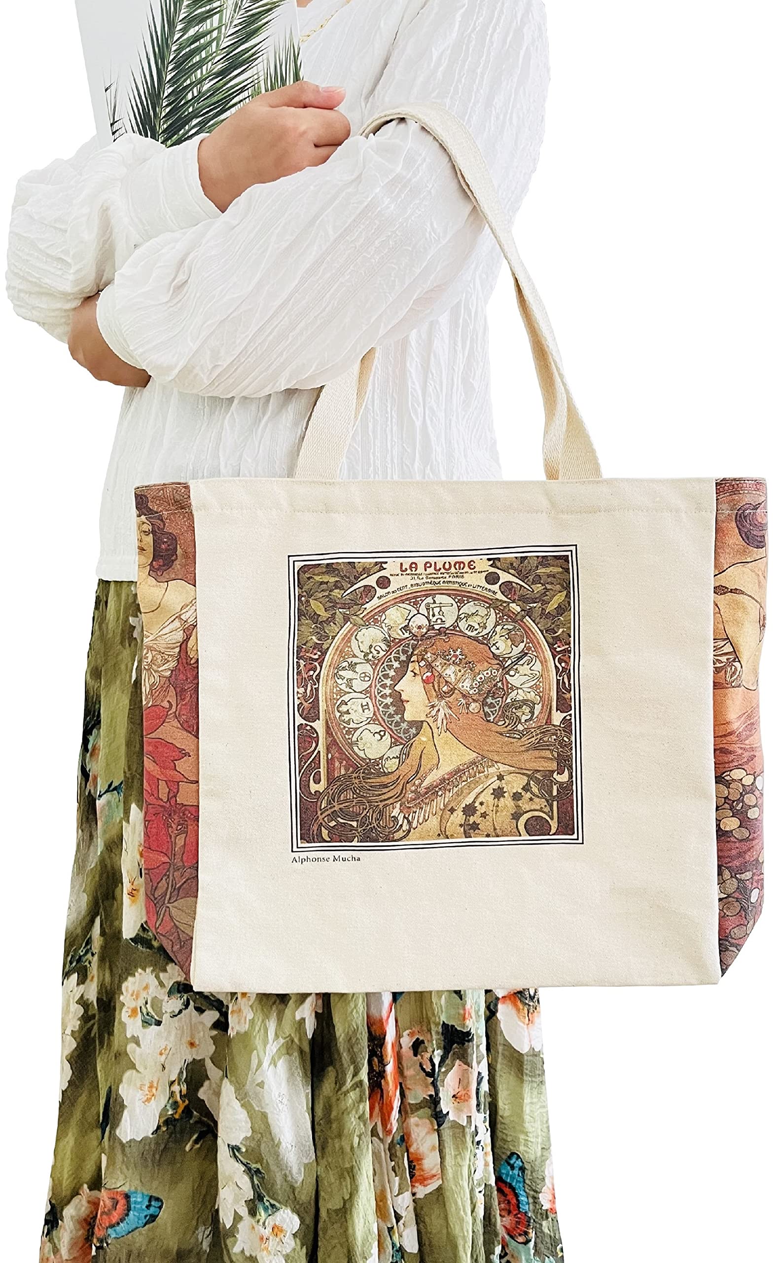 HaoHakka Tote Bag Aesthetic, Canvas Graphic Trendy Cute Tote Bags with Zipper Pockets (Alphonse Mucha) Beige