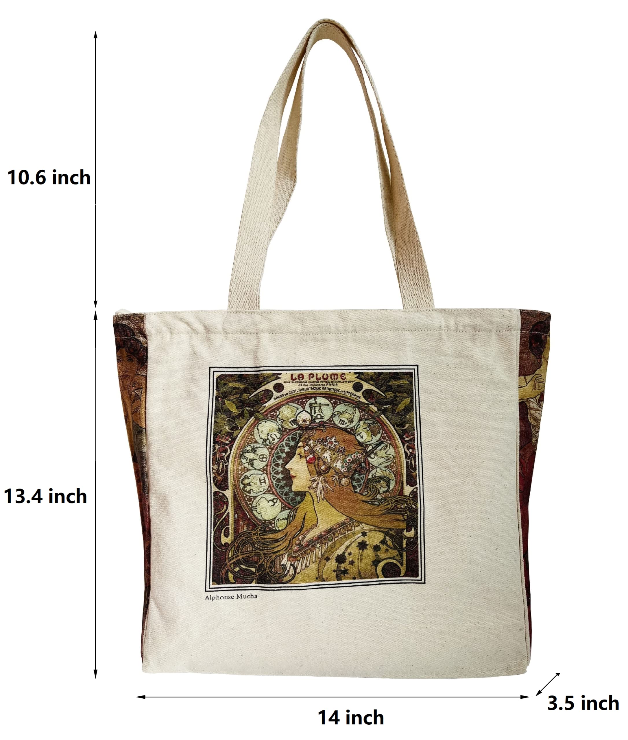 HaoHakka Tote Bag Aesthetic, Canvas Graphic Trendy Cute Tote Bags with Zipper Pockets (Alphonse Mucha) Beige