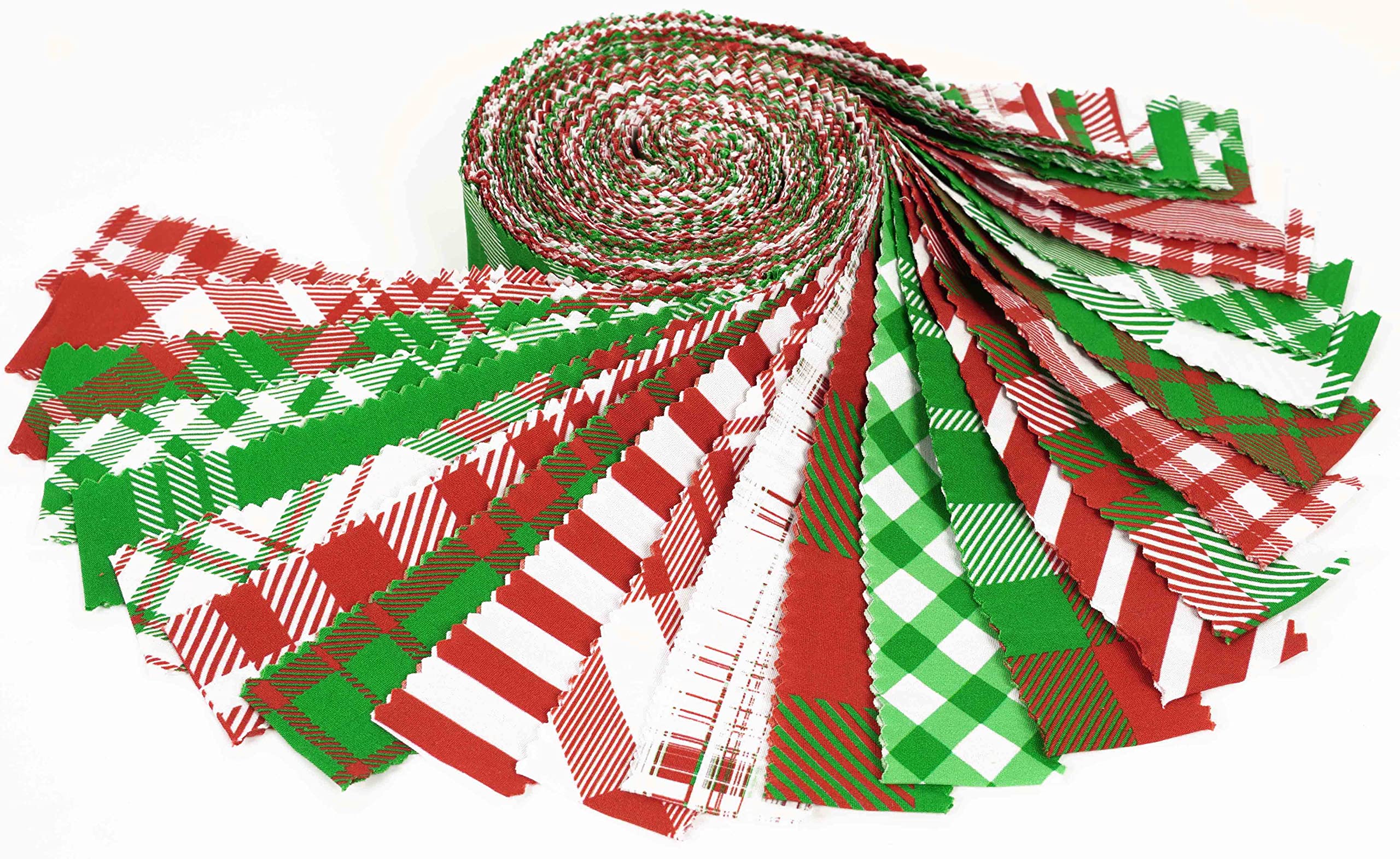 Soimoi 40Pcs Christmas Checks Print Precut Fabrics Strips Roll Up 1.5x42inches Cotton Jelly Rolls for Quilting - Red & Green