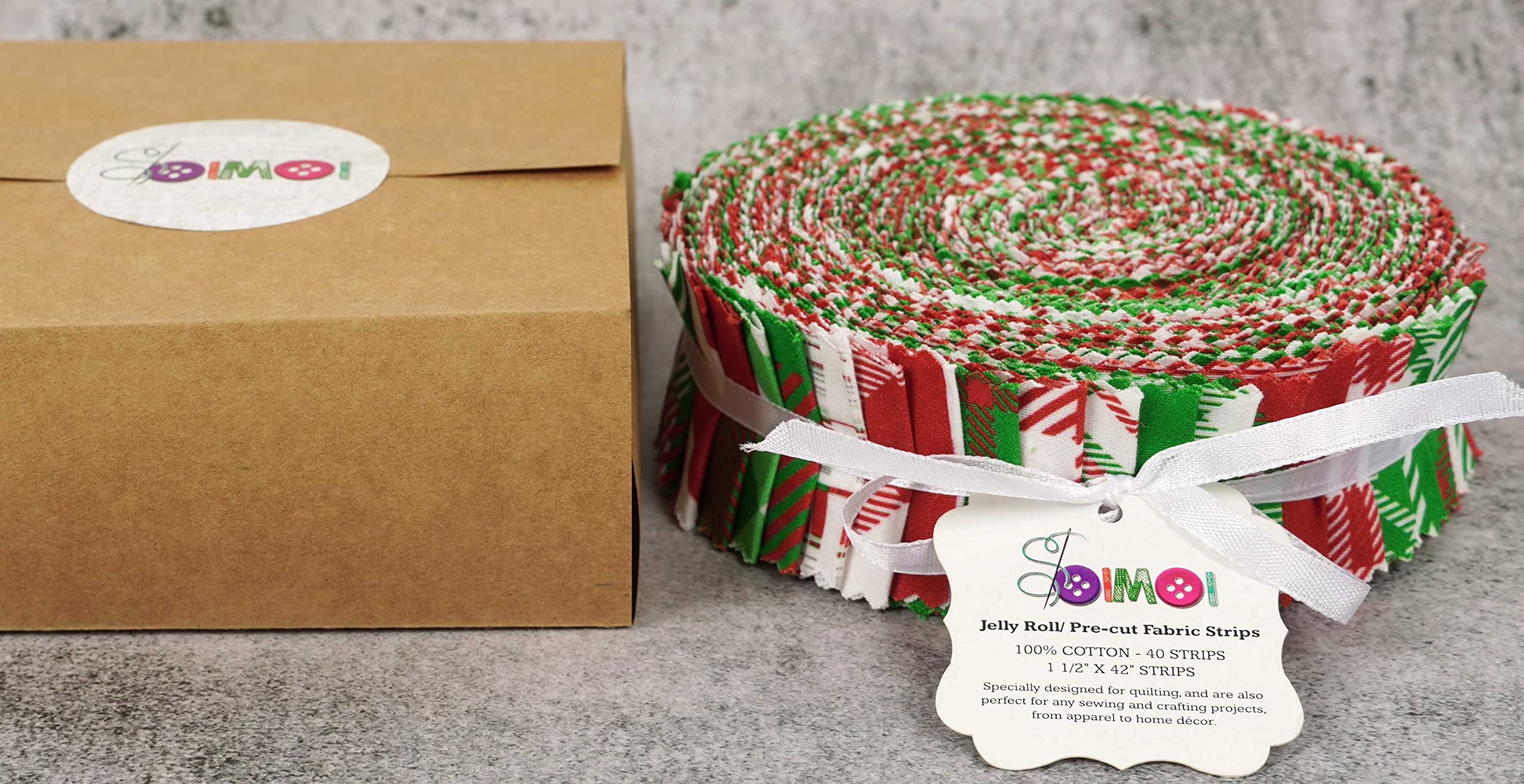 Soimoi 40Pcs Christmas Checks Print Precut Fabrics Strips Roll Up 1.5x42inches Cotton Jelly Rolls for Quilting - Red & Green