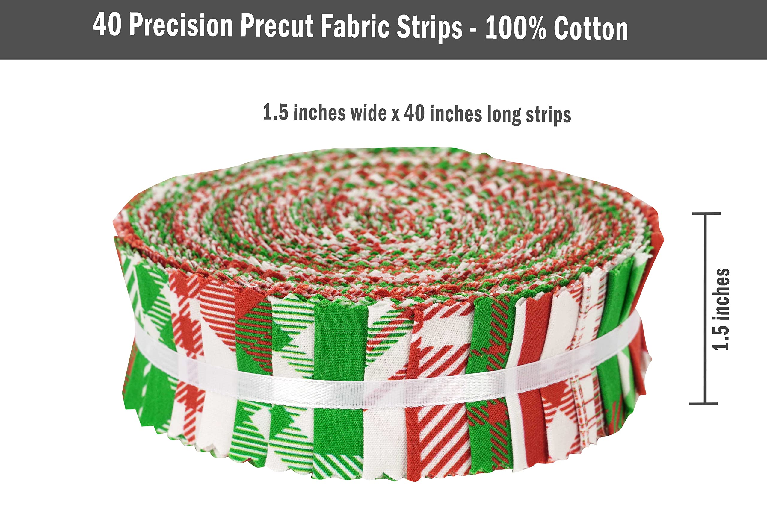 Soimoi 40Pcs Christmas Checks Print Precut Fabrics Strips Roll Up 1.5x42inches Cotton Jelly Rolls for Quilting - Red & Green
