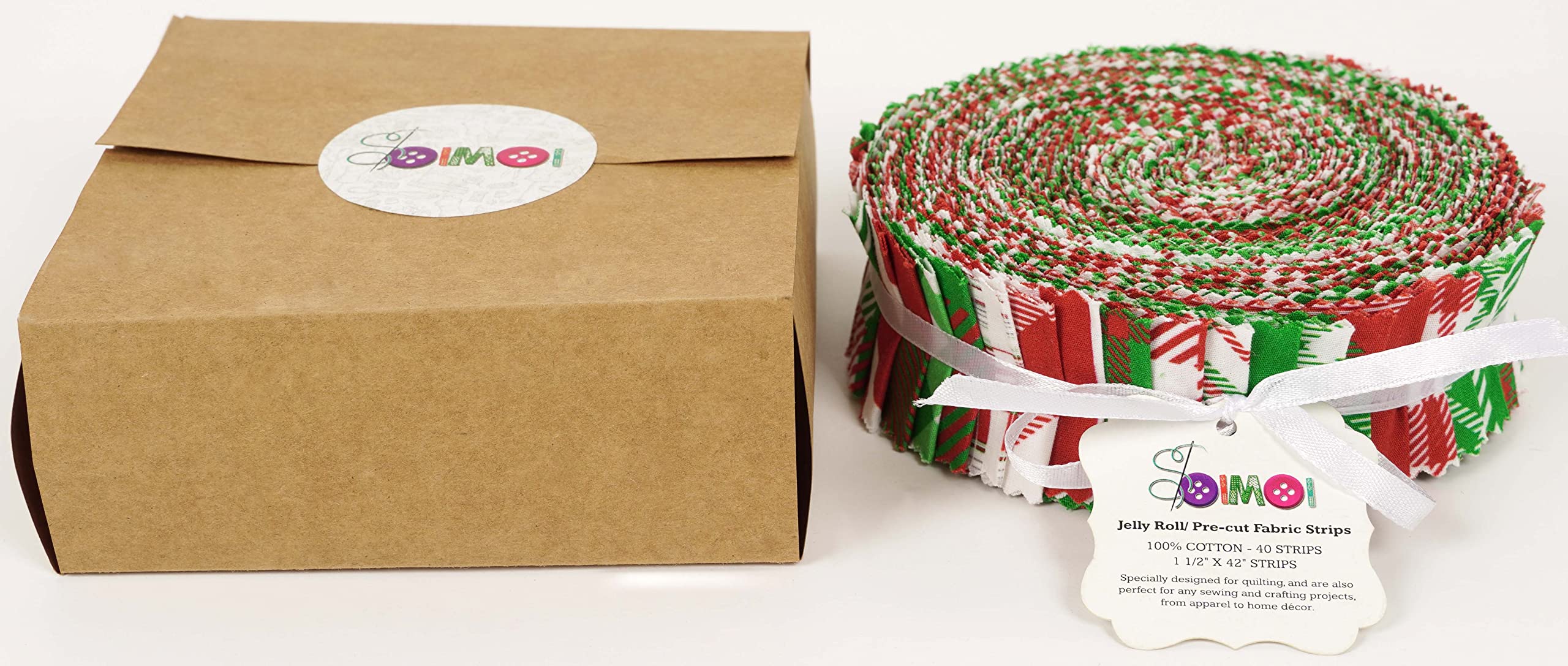 Soimoi 40Pcs Christmas Checks Print Precut Fabrics Strips Roll Up 1.5x42inches Cotton Jelly Rolls for Quilting - Red & Green