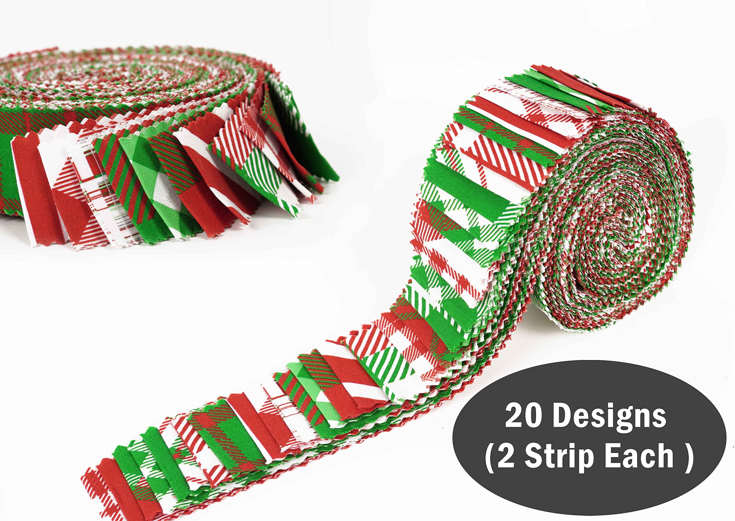 Soimoi 40Pcs Christmas Checks Print Precut Fabrics Strips Roll Up 1.5x42inches Cotton Jelly Rolls for Quilting - Red & Green