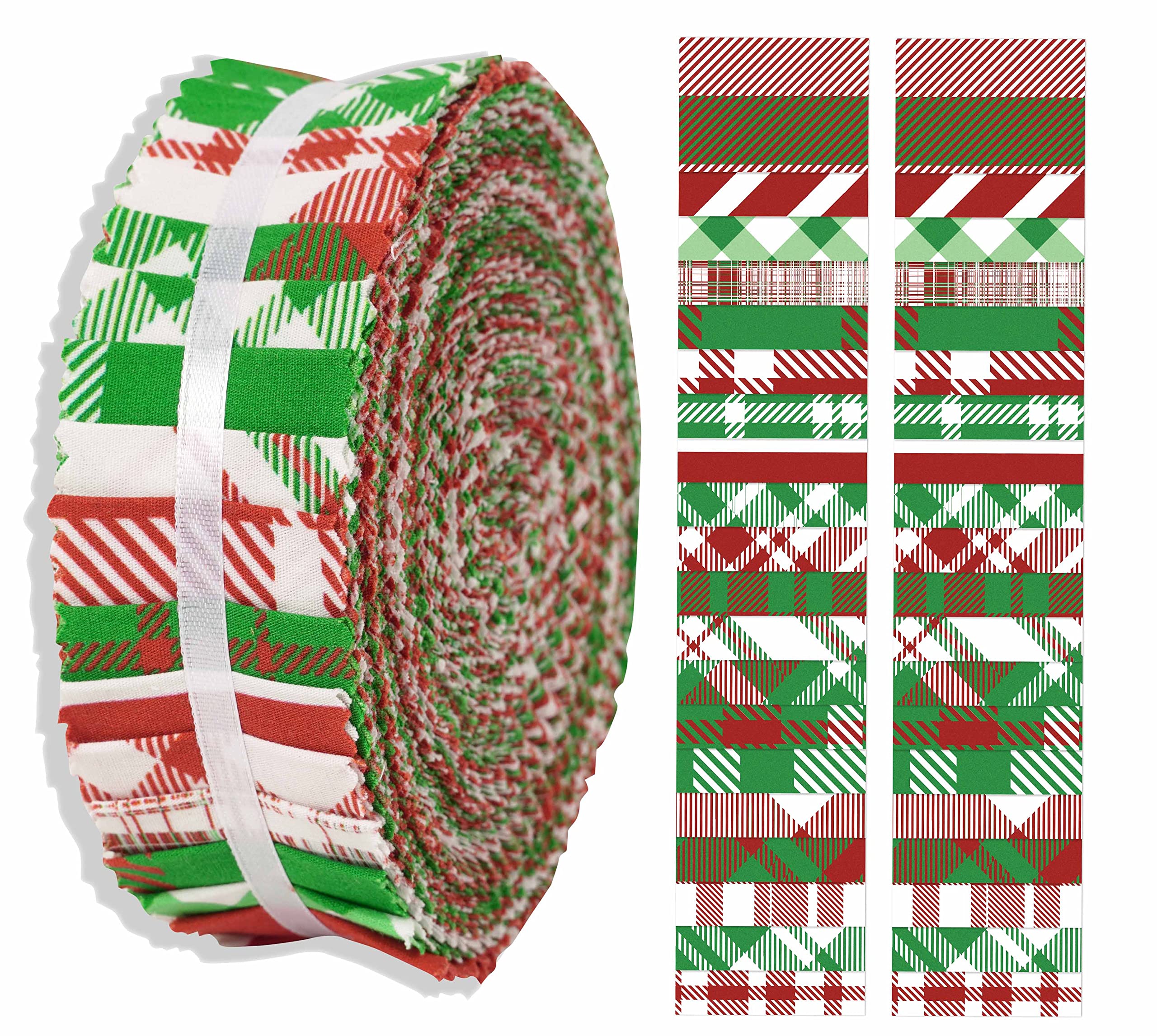 Soimoi 40Pcs Christmas Checks Print Precut Fabrics Strips Roll Up 1.5x42inches Cotton Jelly Rolls for Quilting - Red & Green