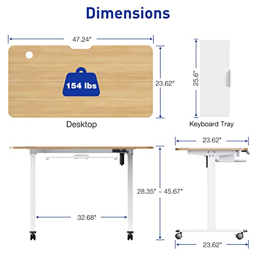 WOKA Electric Standing Desk Adjustable Height, 48 x 24 Inches Stand up Desk with Keyboard Tray, Sit Stand Desk with Memory Controller for Home Office, Motorized Desk with Splice Board, Oak