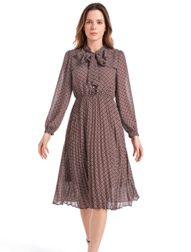HAOKEKE Women Print Dress Long Sleeves Chiffon Dress Retro Pleated Buttons Down Bow Tie Fairy Lady Dress Brown Grid US 10