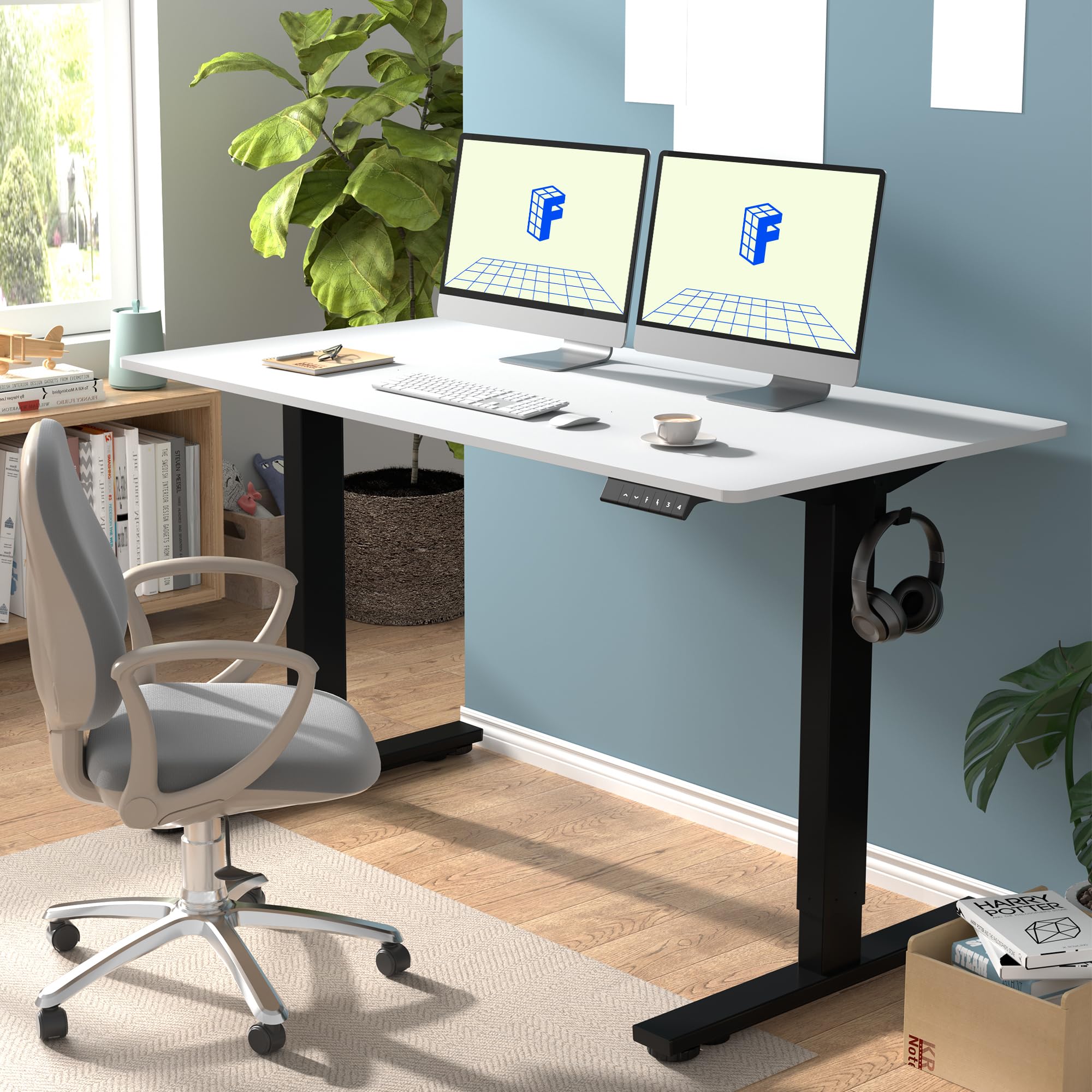 FLEXISPOT 55 x 28 Inches Electric Stand Up Desk Workstation Home Office Computer Standing Table Height Adjustable Desk (Black Frame + 55" White Top, 2 Packages)