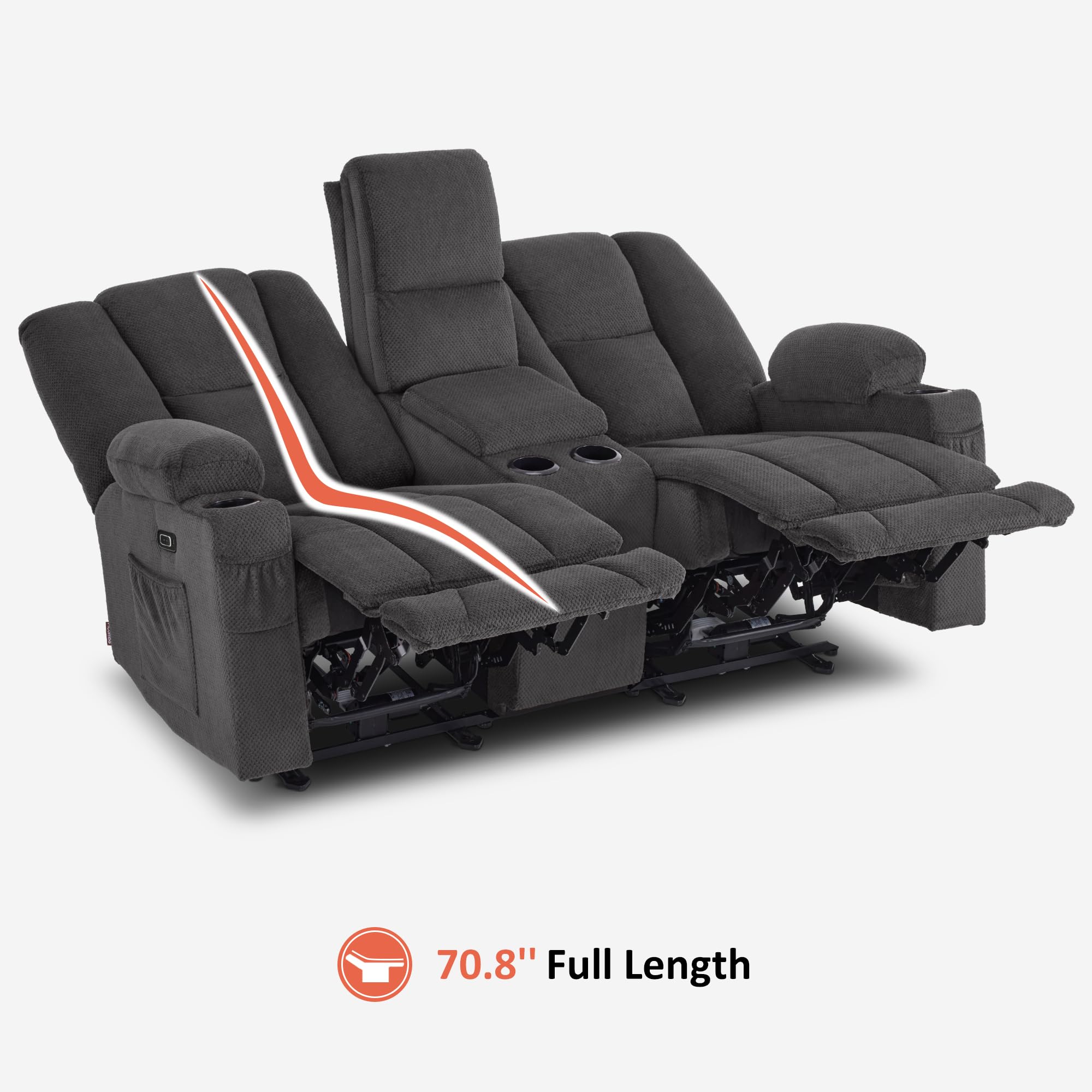MCombo Fabric Power Loveseat Recliner with Console, Electric Reclining Loveseat Sofa with Heat and Massage, Cup Holders, USB Charge Port for Living Room 6045 (Grey)