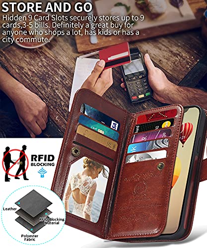 CASEOWL Compatible for iPhone 13 Pro Max Case Wallet for Women Men, [Support Magsafe Wireless Charging] Magnetic Detachable Folio Flip Leather Phone Wallet Case with Card Holder, Wrist Strap(Brown)