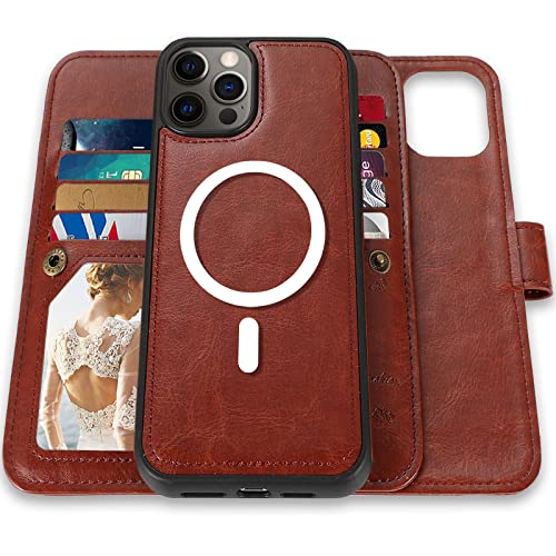 CASEOWL Compatible for iPhone 13 Pro Max Case Wallet for Women Men, [Support Magsafe Wireless Charging] Magnetic Detachable Folio Flip Leather Phone Wallet Case with Card Holder, Wrist Strap(Brown)