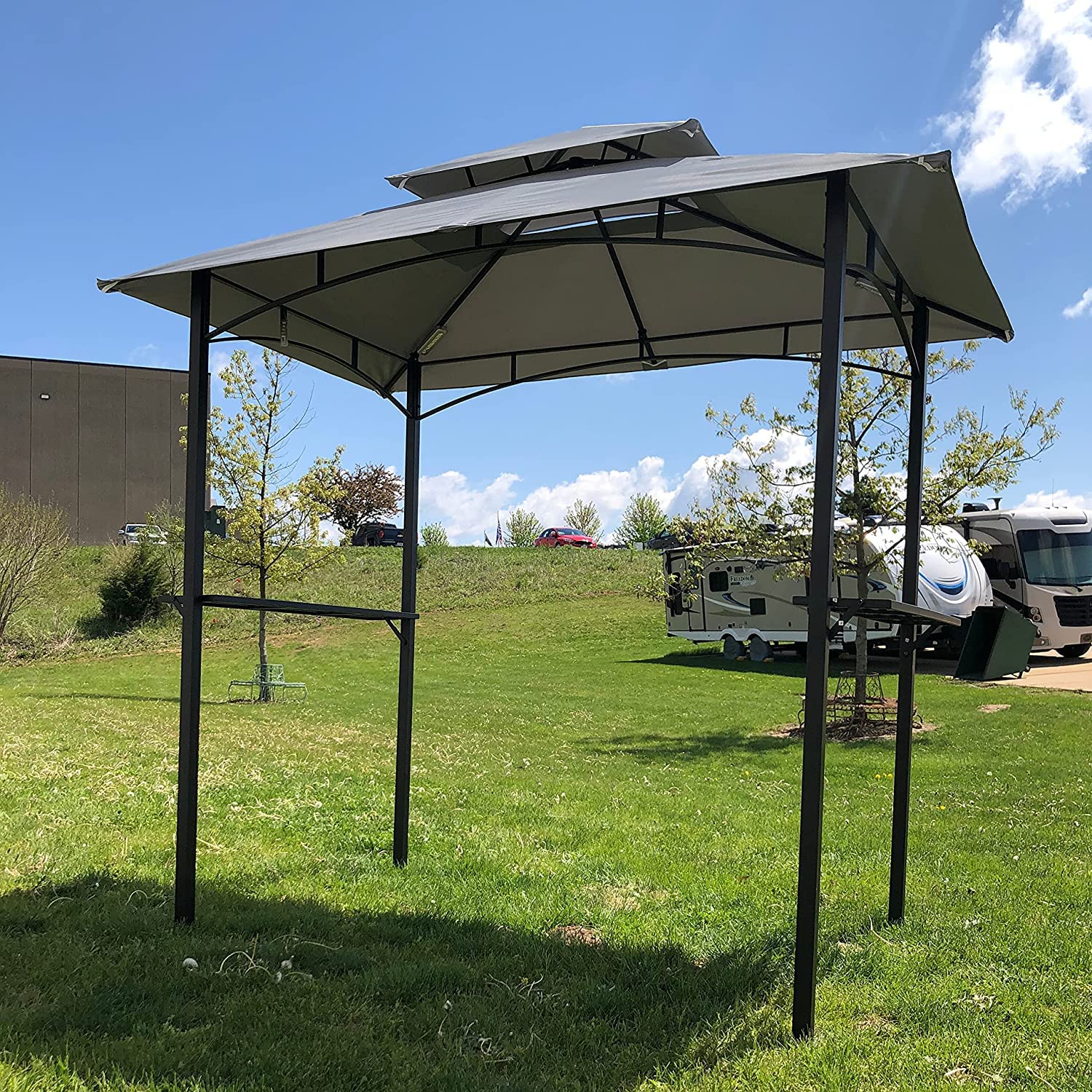 BACKYARD EXPRESSIONS PATIO · HOME · GARDEN Grilling Gazebo w/LED Lights, Barbecue Grill Canopy Tent w/Air Vent, Double Tiered, Powder Coated Steel Frame, Black and Gray - 8' x 5' (911268-NM)