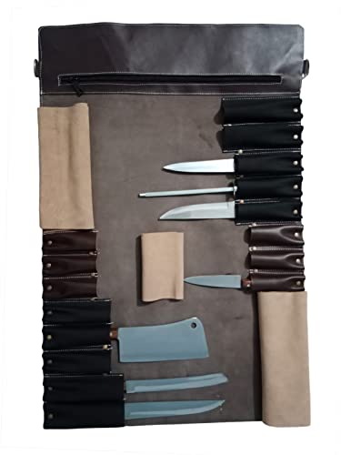 Professional Chef Genuine Premium Cowhide Leather Chef Knife Bag/Knife Roll 16 Pockets Space #F15 (Dark Brown)