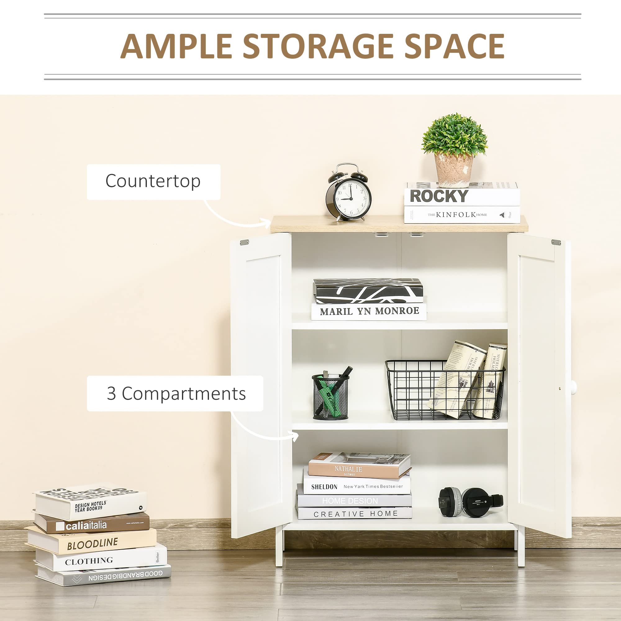 HOMCOM Storage Cabinet, Double Door Cupboard with 2 Adjustable Shelves, for Living Room, Bedroom, or Hallway, White