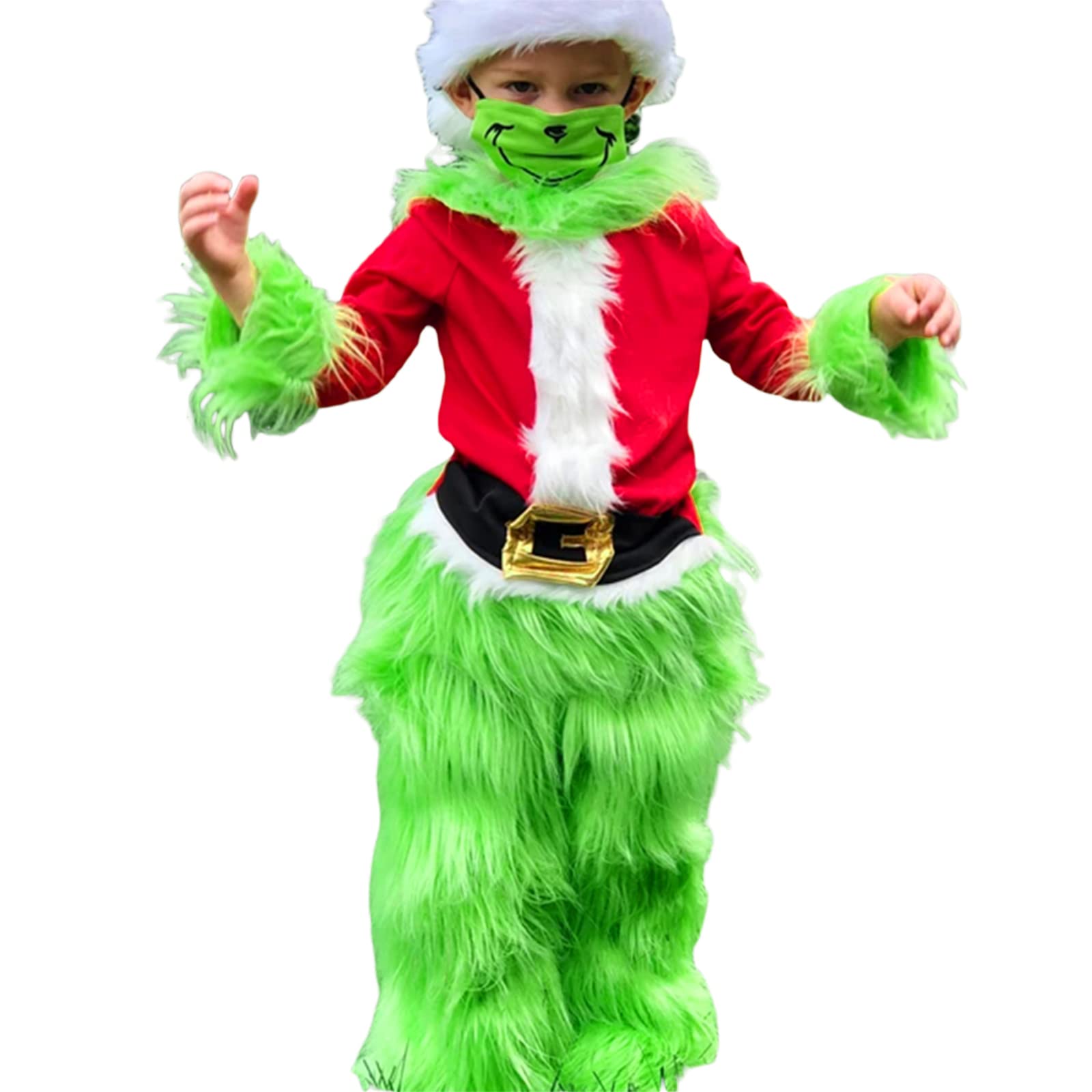 HUIJZG Christmas Cosplay Green Furry Monster Doll, Hairy Grinch Baby with Removable Santa Costume Home Decorations Xmas Doll Gifts for Kids (6-7Y, Green Monster)