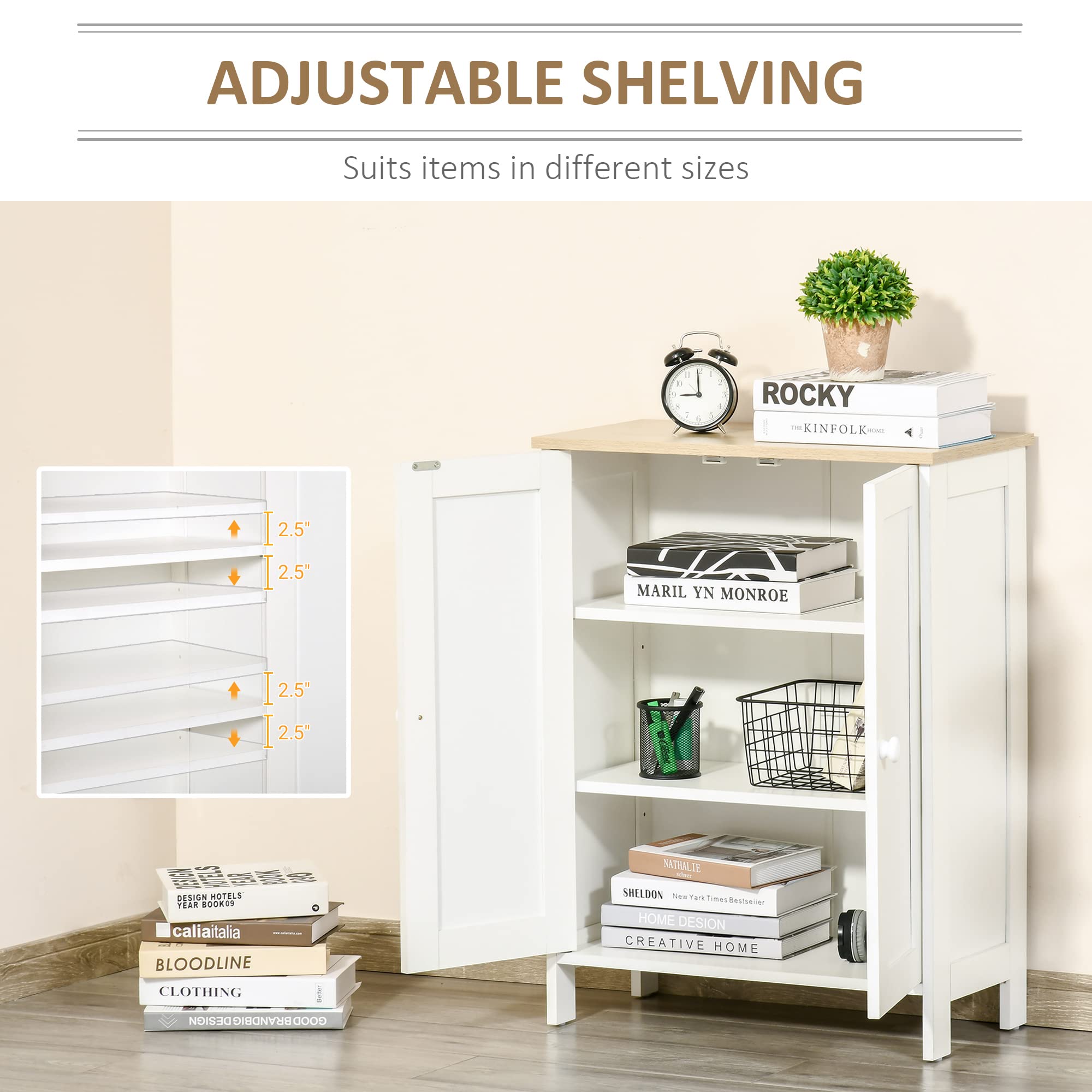 HOMCOM Storage Cabinet, Double Door Cupboard with 2 Adjustable Shelves, for Living Room, Bedroom, or Hallway, White