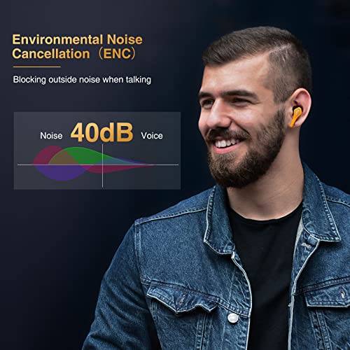 Gaming Wireless Earbuds, QTREE Bluetooth 5.2 in-Ear Game Earphones 50ms Low Latency IPX5 Noise Cancelling Mic, 36H Play time Headphones, Gaming/Deep Bass Music Mode for iPhone and Android(Yellow)
