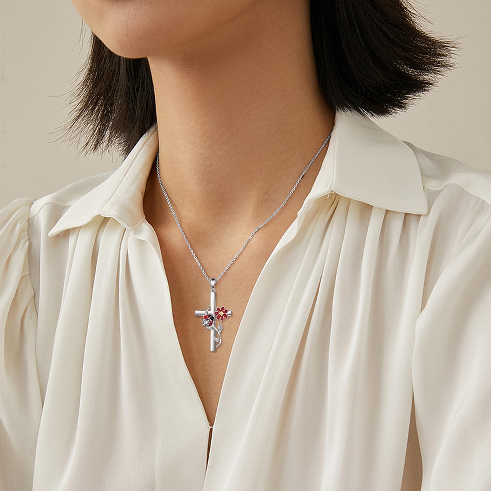 CRMAD Ladybug Cross Necklace Gifts for Women Sterling Silver Ladybug Daisy Flower Necklace Jewelry