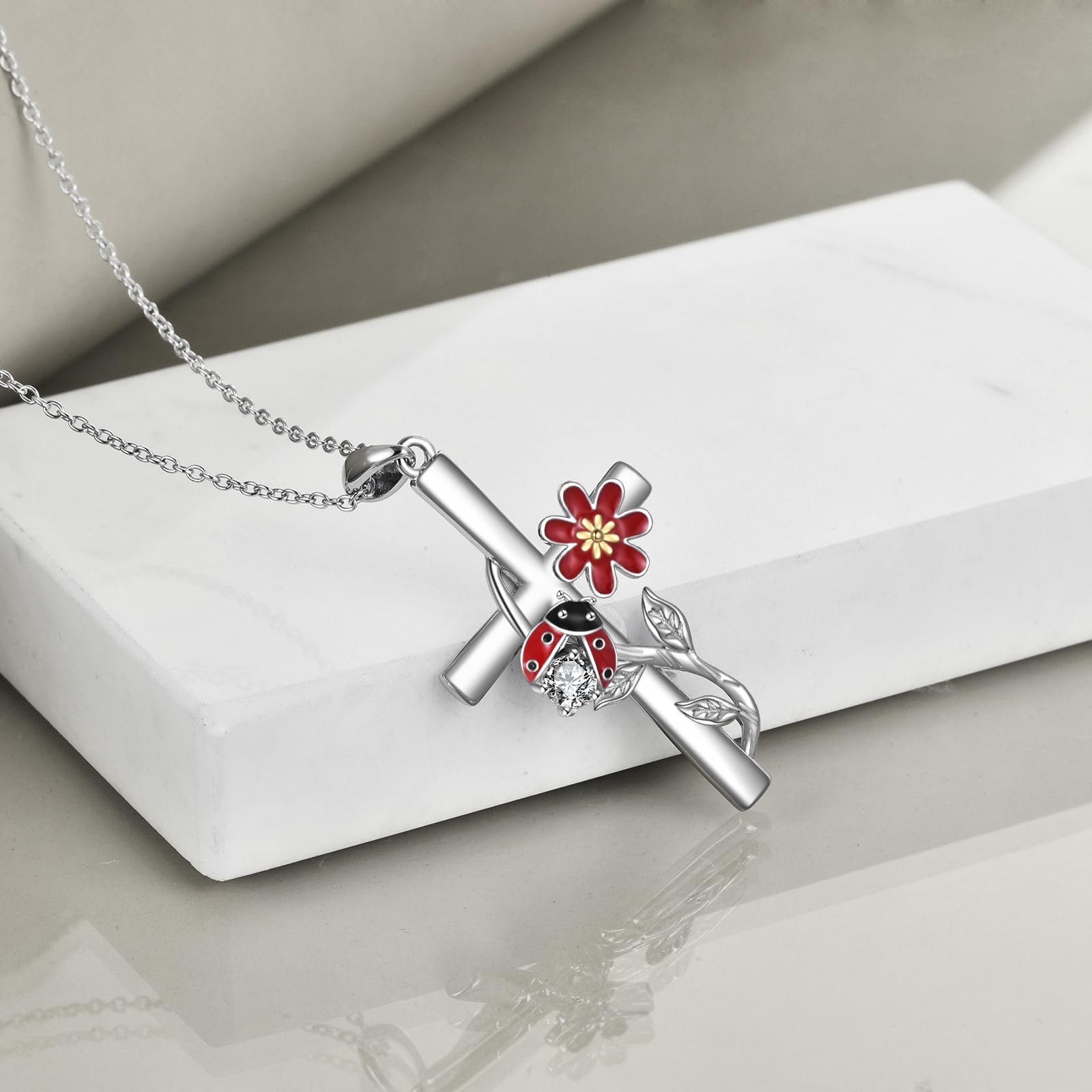 CRMAD Ladybug Cross Necklace Gifts for Women Sterling Silver Ladybug Daisy Flower Necklace Jewelry