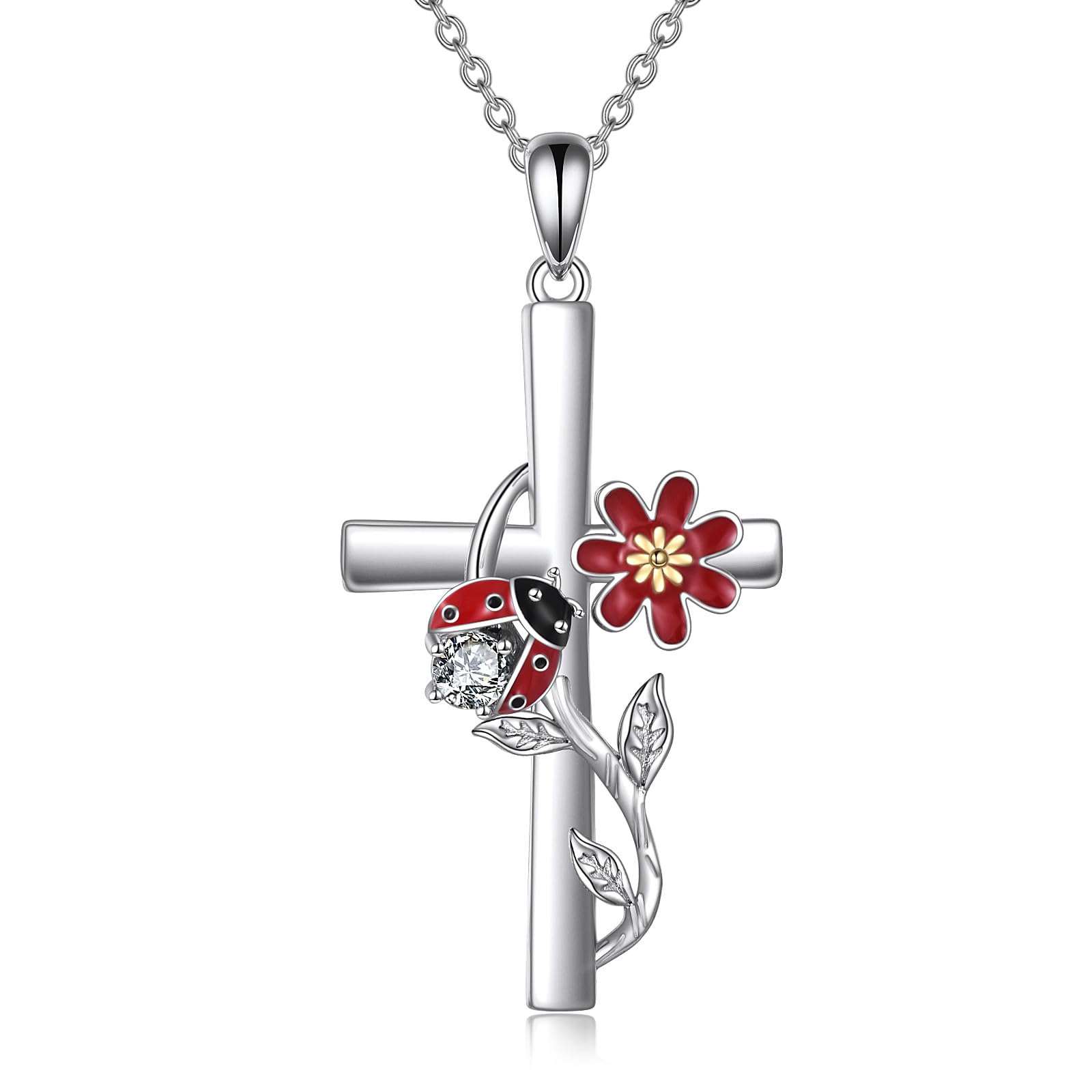 CRMAD Ladybug Cross Necklace Gifts for Women Sterling Silver Ladybug Daisy Flower Necklace Jewelry