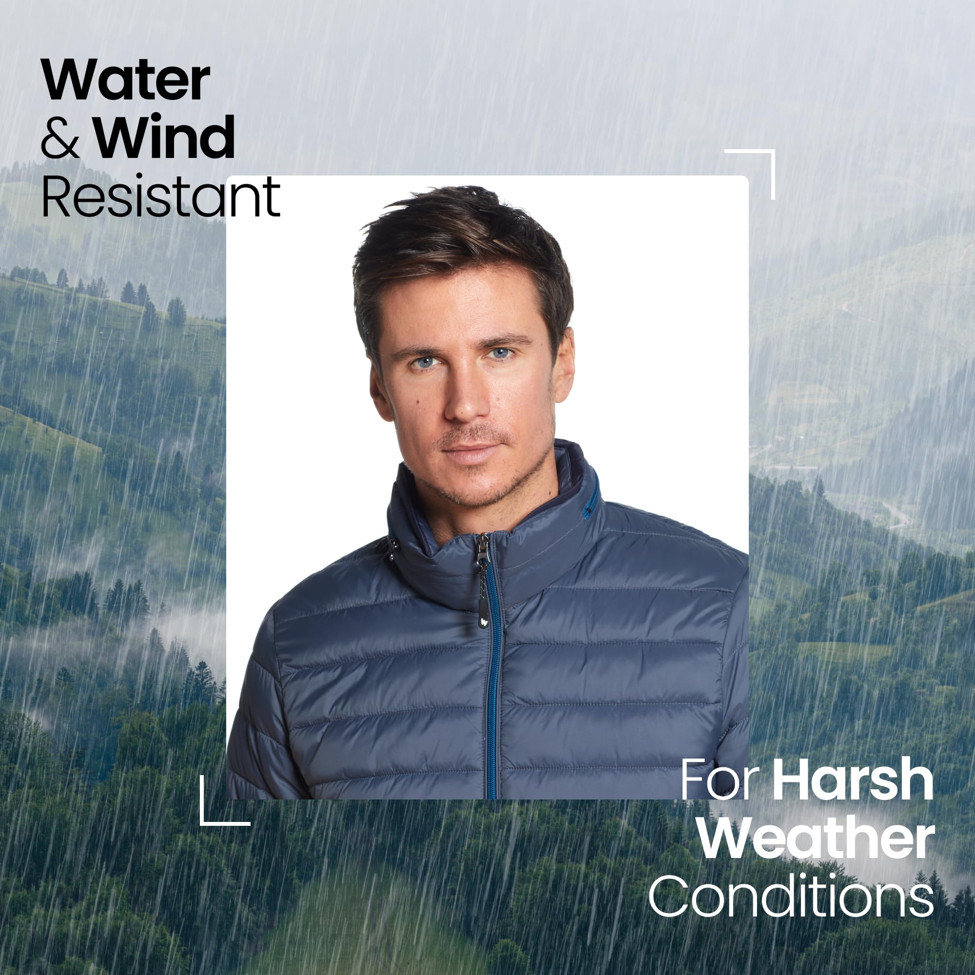 Weatherproof Men's Puffer Jacket, Lightweight Alternative Down Jacket with Packable Travel Neck Pillow, Travel-Ready Winter Jackets for Men, Water & Wind Resistant, Pewter, Medium