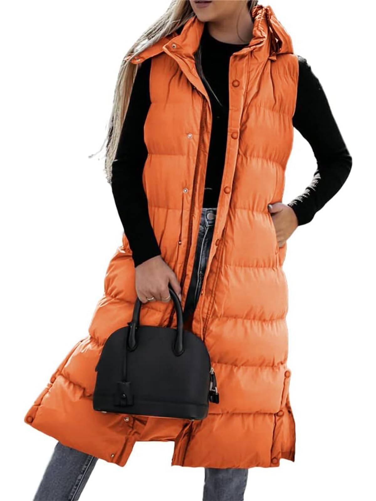 Grlasen Women's long Quilted Vest hooded sleeveless Button Down puff vest cotton padded jacket winter coat