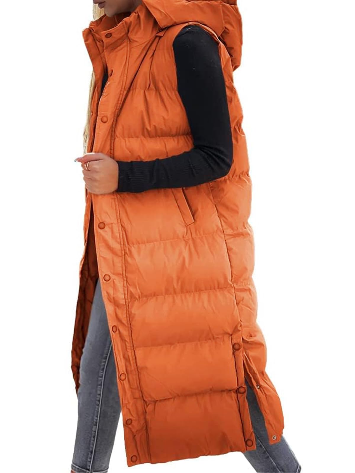Grlasen Women's long Quilted Vest hooded sleeveless Button Down puff vest cotton padded jacket winter coat