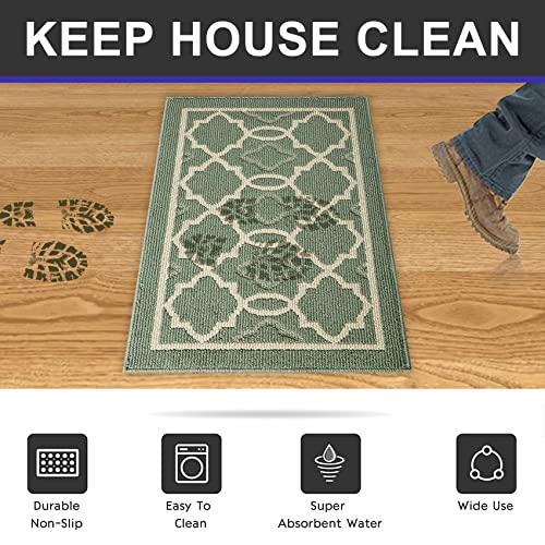 Indoor Door Mat, Non-Slip Mats Rubber Backing Front Back Door Mat, Low-Profile Entrance Rug, Absorbent Resist Dirt Doormat Machine Washable Inside Floor Shoe Doormats for Entryway (Green, 20"x32")