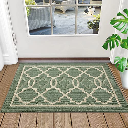 Indoor Door Mat, Non-Slip Mats Rubber Backing Front Back Door Mat, Low-Profile Entrance Rug, Absorbent Resist Dirt Doormat Machine Washable Inside Floor Shoe Doormats for Entryway (Green, 20"x32")