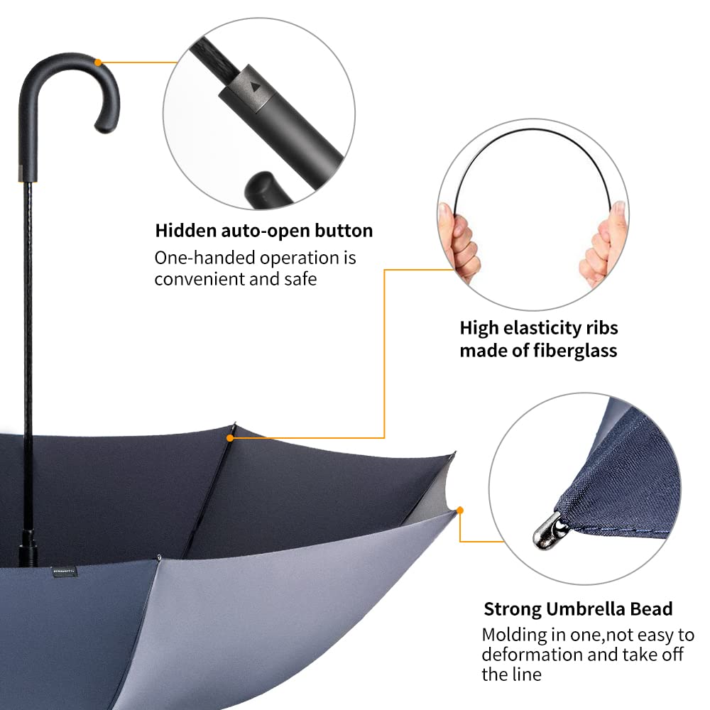 RUMBRELLA Navy Blue Hook Handle Umbrella Windproof UPF 50+, j Stick UV Umbrellas Auto Open 54IN