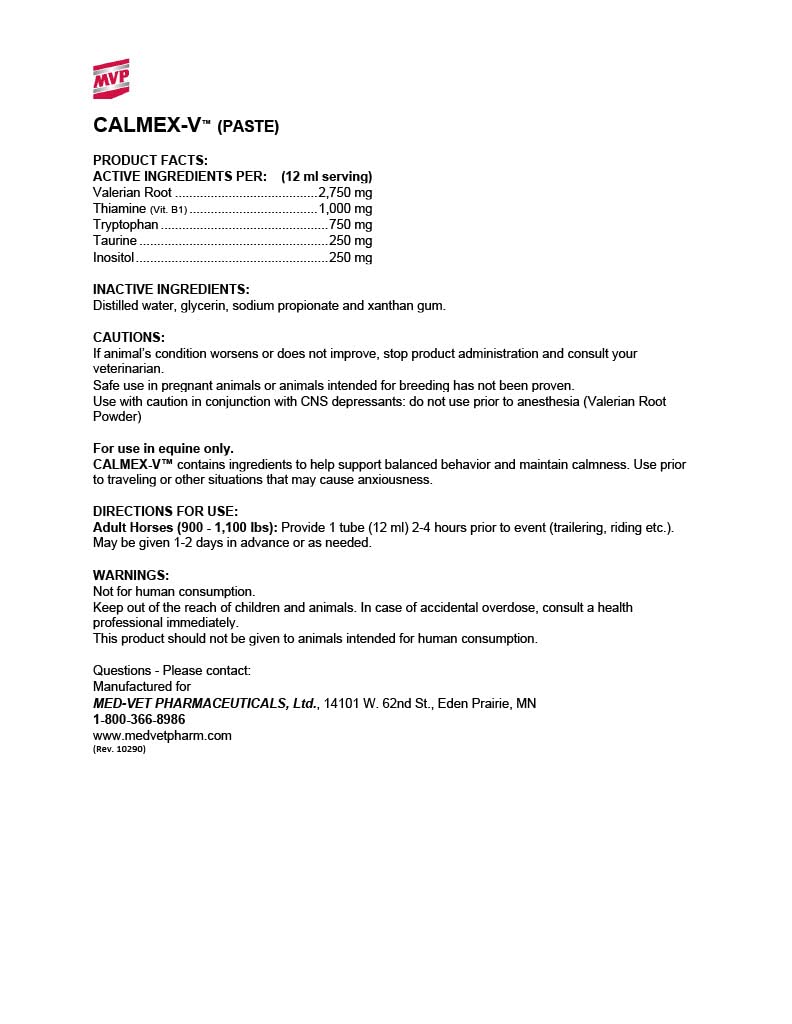 Calmex-V Paste (6-Pack) for Balanced Behavior in Horses.