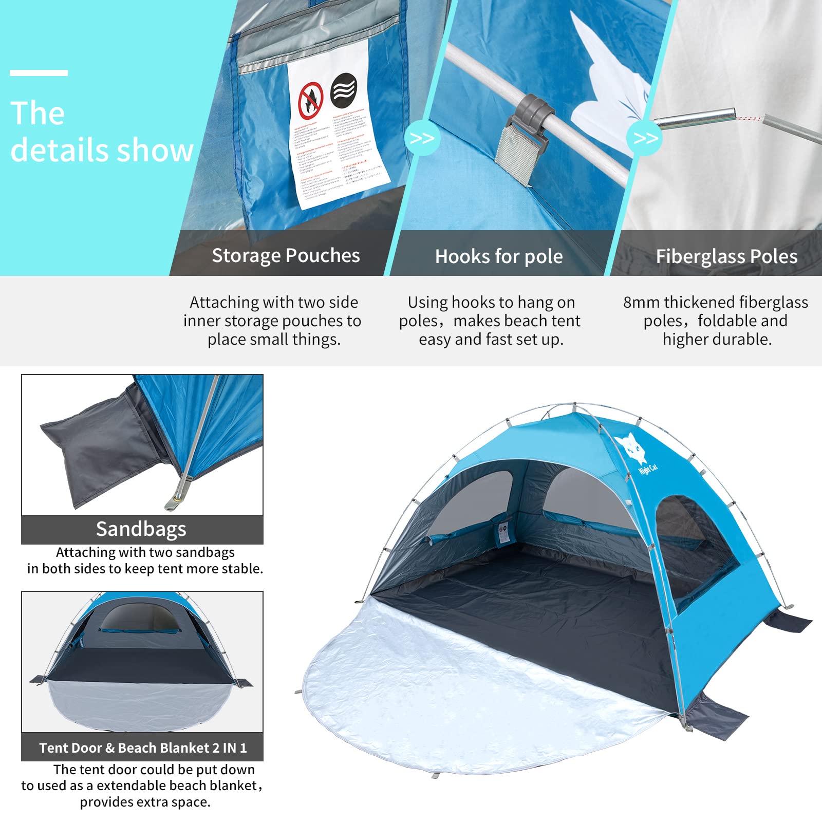 Night Cat Beach Tent Portable Camping Sun Shade Shelter for 2-4 Persons with UV Protection 3 Breathable Mesh Windows Extended Tent Floor Easy Set Up Outdoor