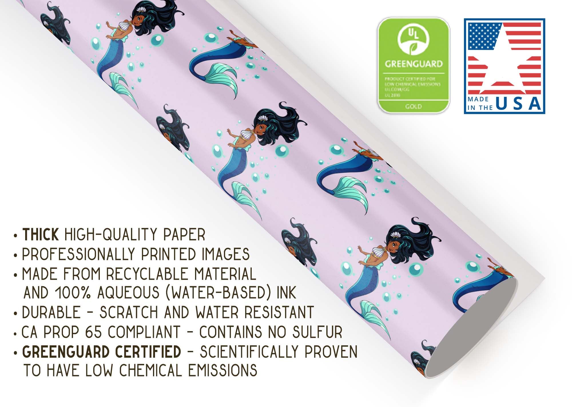 African American Black Mermaid Premium Purple Wrapping Paper Gift Wrap Birthday Present Party Decoration (One 20 inch x 30 inch sheet)