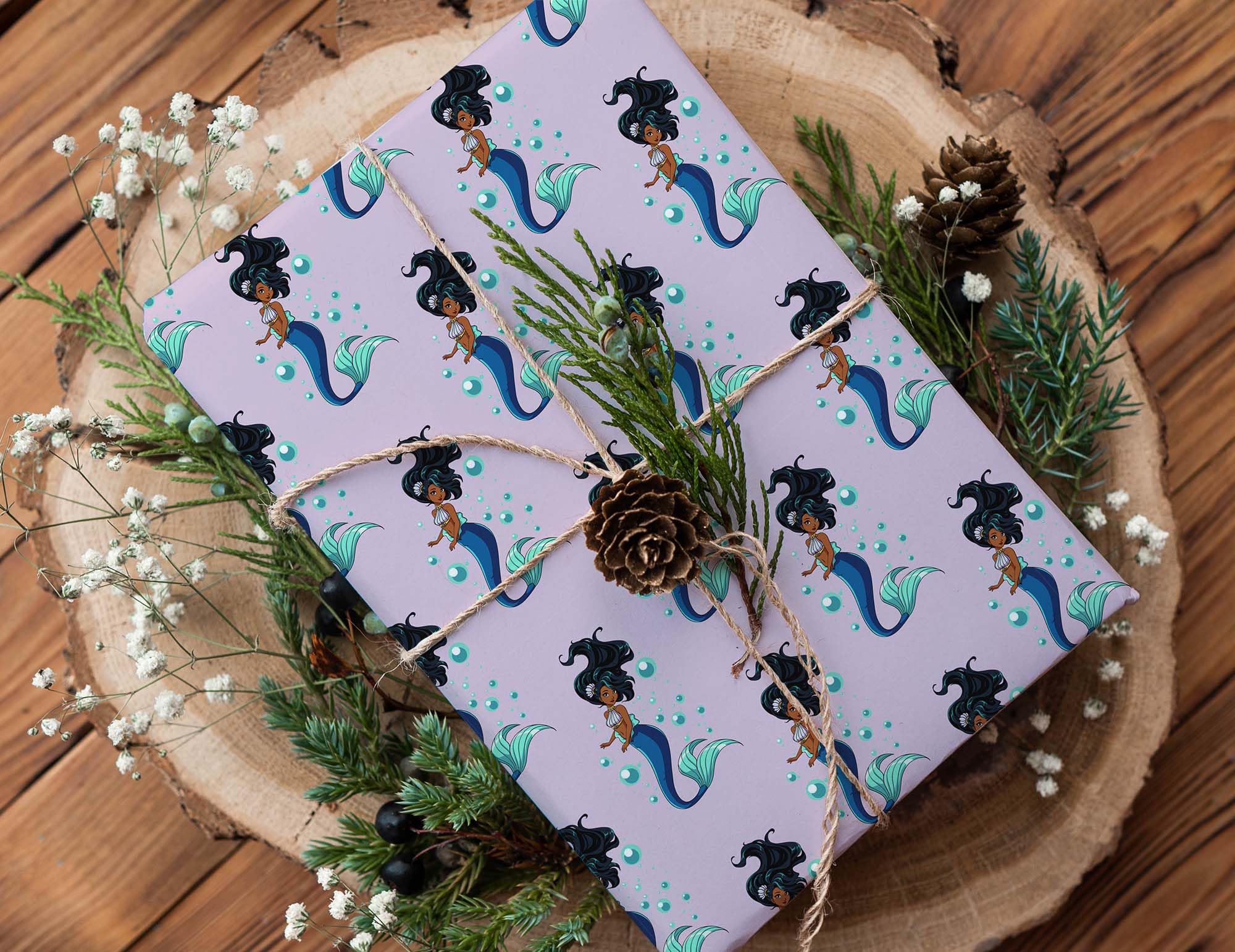 African American Black Mermaid Premium Purple Wrapping Paper Gift Wrap Birthday Present Party Decoration (One 20 inch x 30 inch sheet)