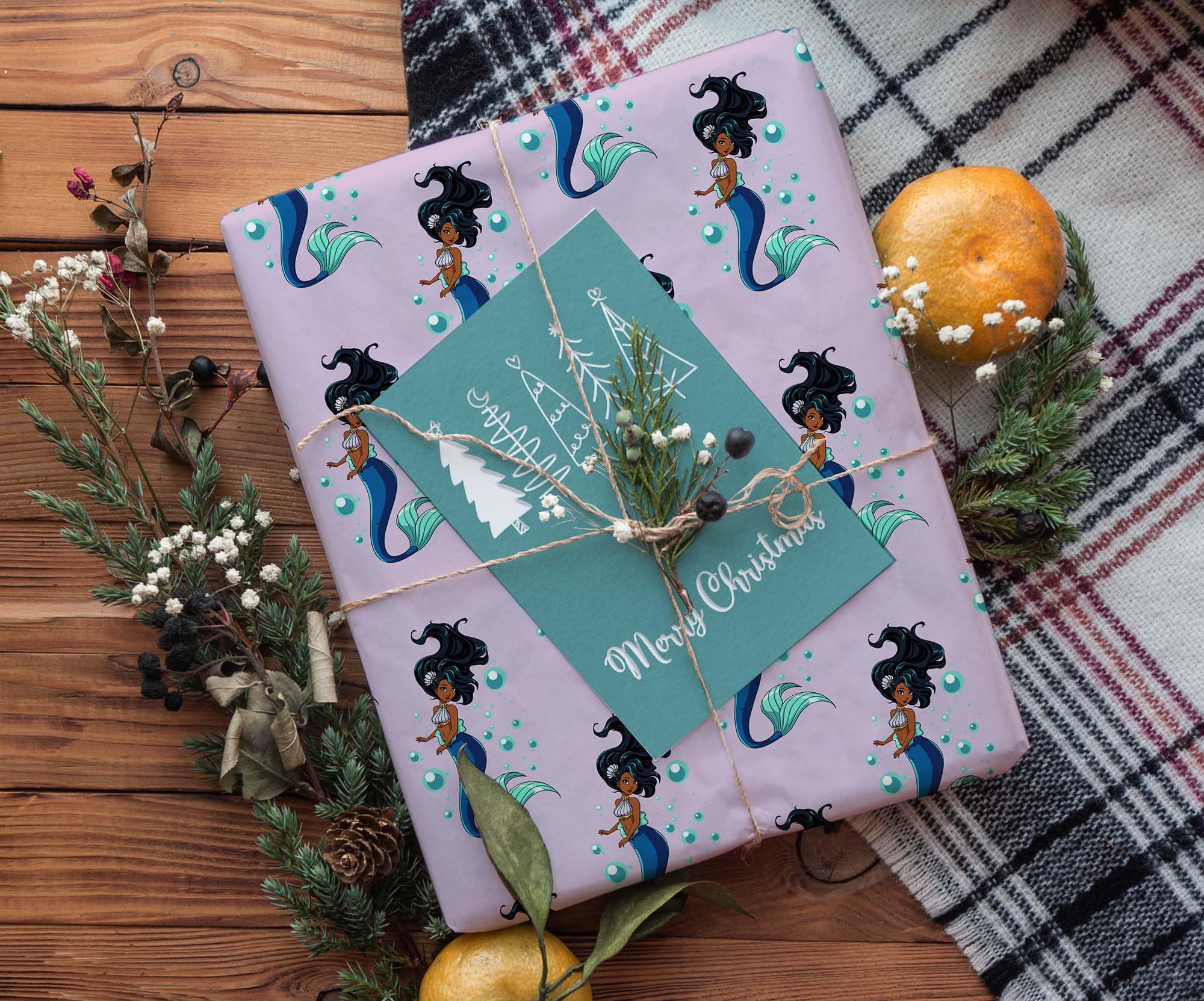 African American Black Mermaid Premium Purple Wrapping Paper Gift Wrap Birthday Present Party Decoration (One 20 inch x 30 inch sheet)