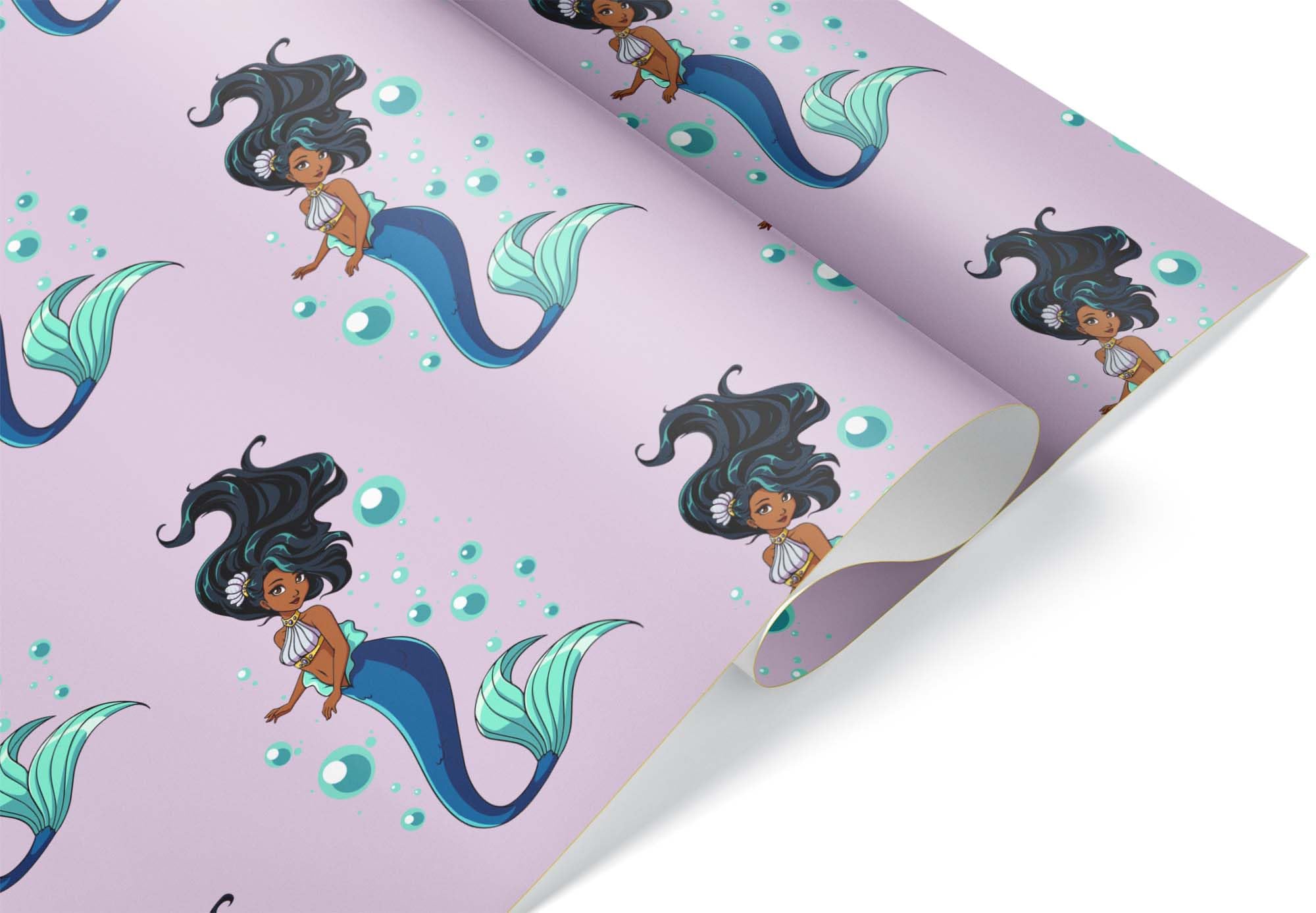 African American Black Mermaid Premium Purple Wrapping Paper Gift Wrap Birthday Present Party Decoration (One 20 inch x 30 inch sheet)