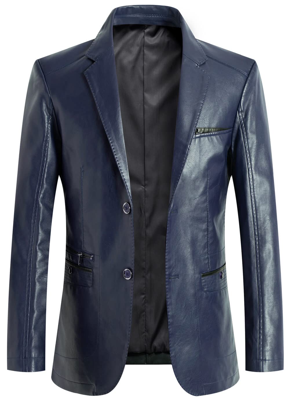 CHARTOU Men's Regular Fit Button Down Lined Business Lambskin Leather Jacket Blazer with Pockets (X-Large, Navy)
