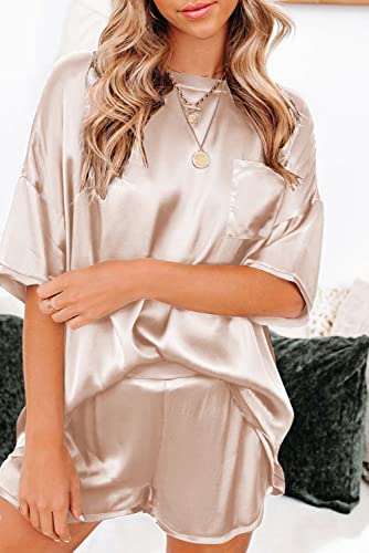 Ekouaer Satin Pajamas for Women Short Sleeve Silk Pajama Sets Soft Sleepwear Top with Causal Pj Shorts Champagne S