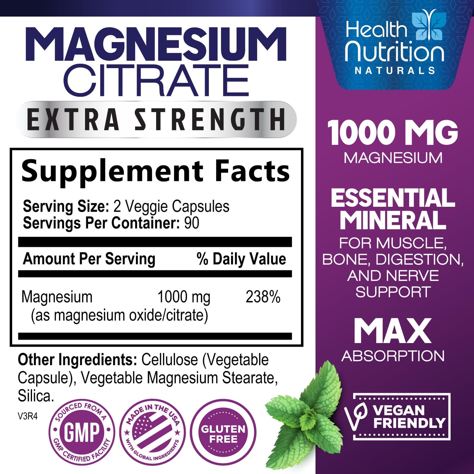 Magnesium Citrate Capsules 1000mg - Max Absorption Magnesium Powder for Muscle, Nerve, Bone and Heart Health Support, High Absorption Citrate Complex, Gluten Free, Non-GMO - 180 Capsules