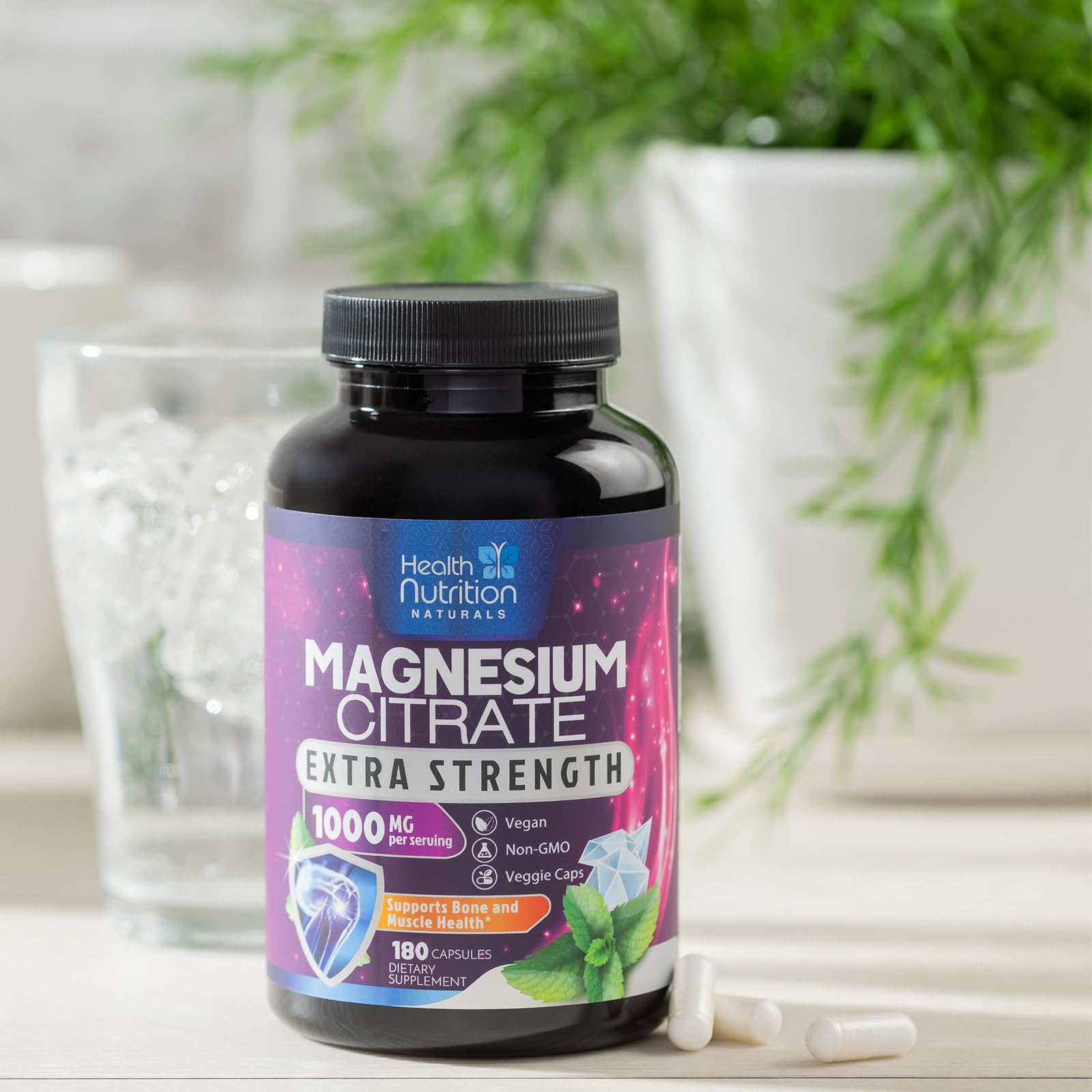 Magnesium Citrate Capsules 1000mg - Max Absorption Magnesium Powder for Muscle, Nerve, Bone and Heart Health Support, High Absorption Citrate Complex, Gluten Free, Non-GMO - 180 Capsules