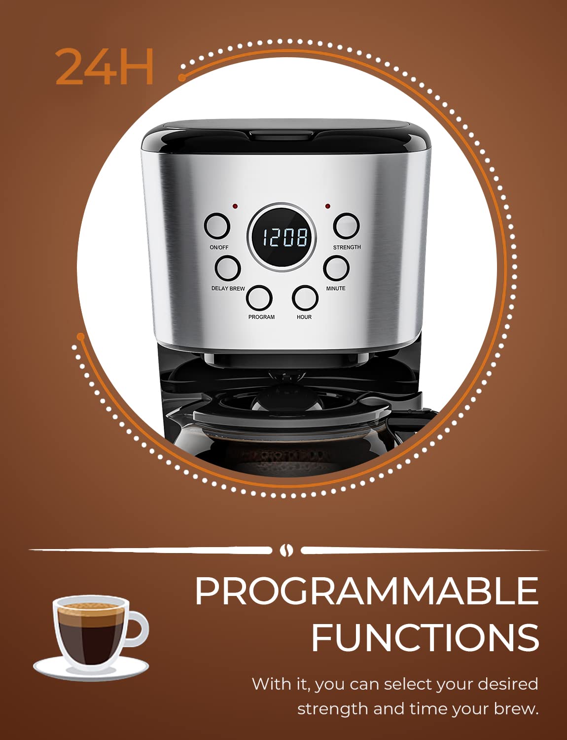 SIMOE Programmable Coffee Maker, 12-Cup Coffee Machine with Timer and Glass Carafe, Keep Warm, Brew Strength Control, Anti-Drip System, Black with Stainless Steel