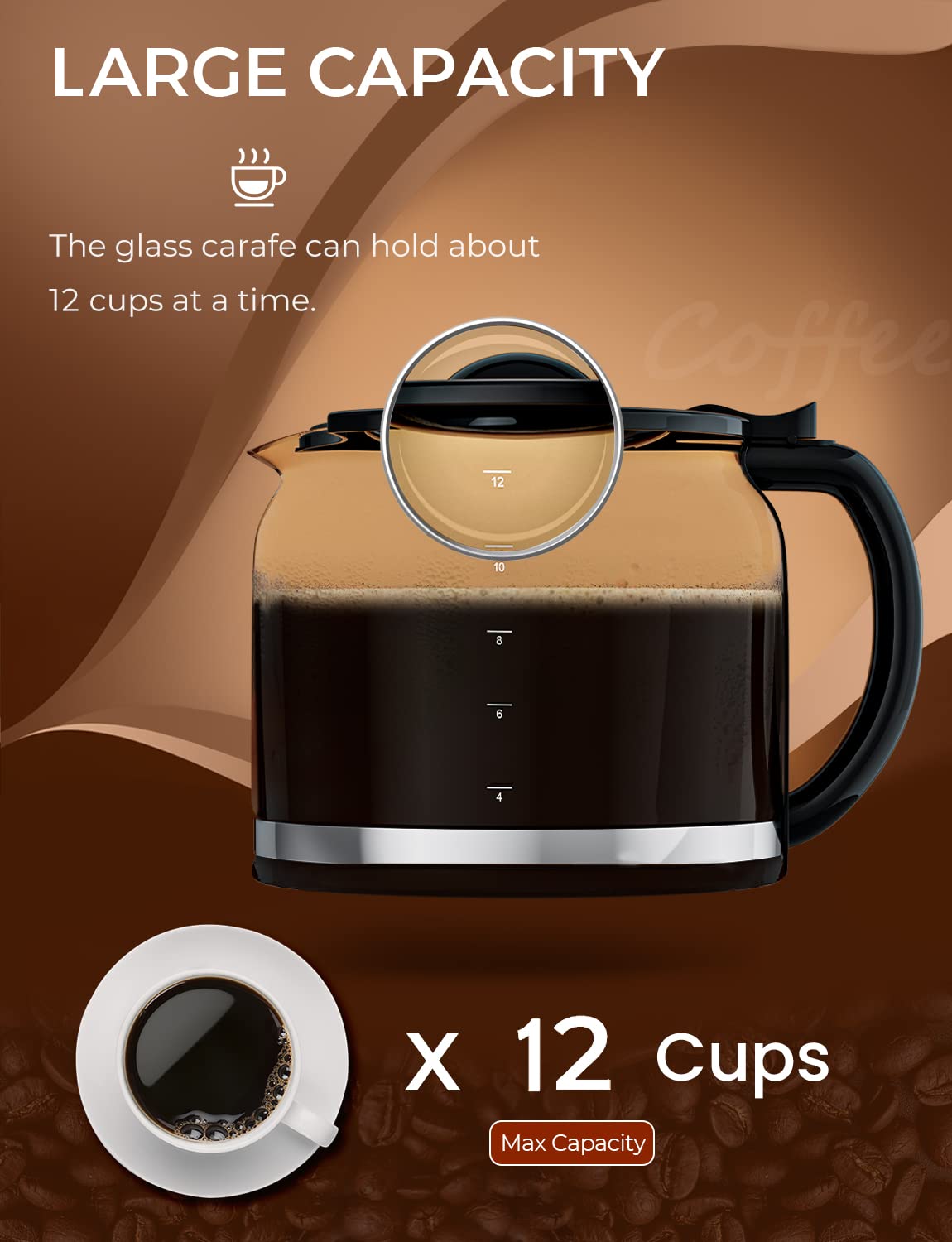 SIMOE Programmable Coffee Maker, 12-Cup Coffee Machine with Timer and Glass Carafe, Keep Warm, Brew Strength Control, Anti-Drip System, Black with Stainless Steel